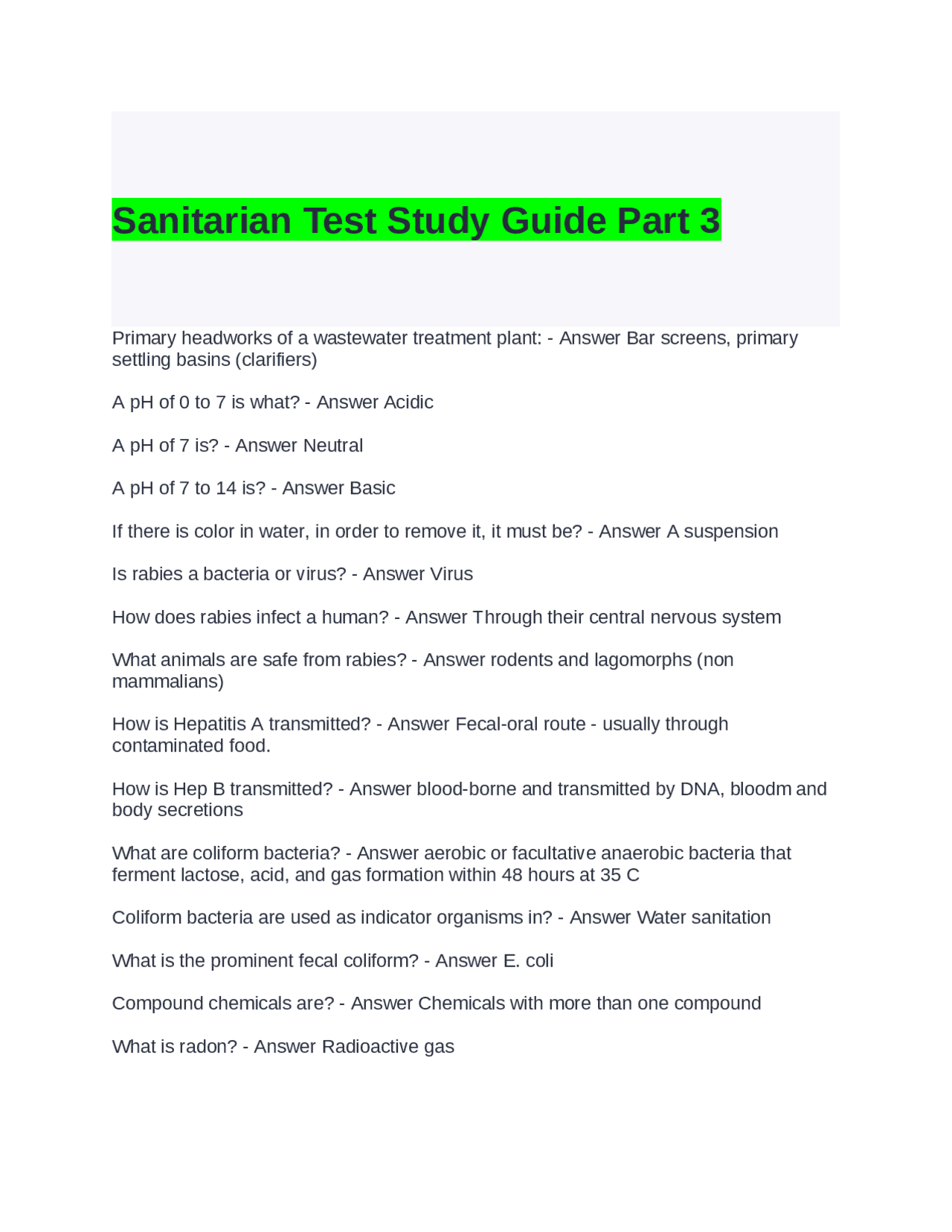 Sanitarian Test Study Guide Part 3 with complete solutions | Exams ...