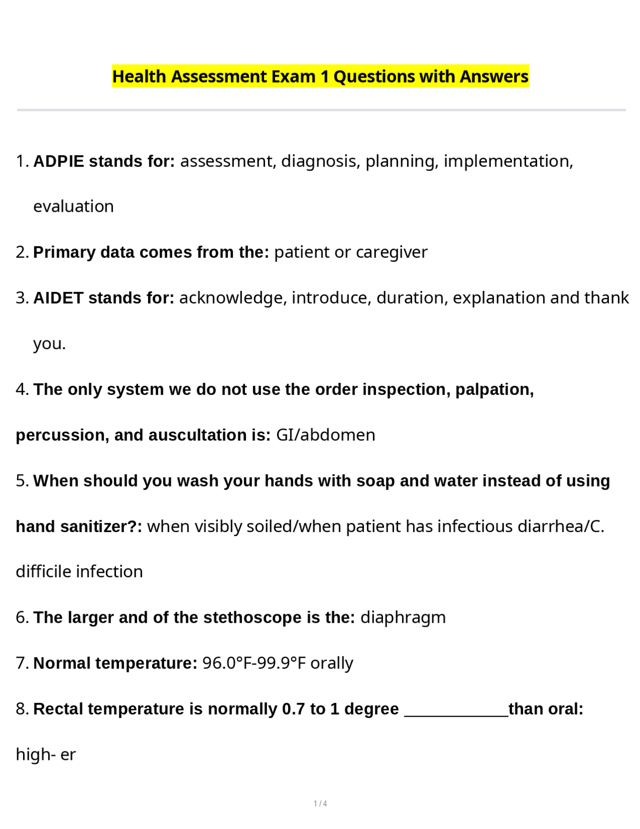 Health Assessment Exam 1 Questions and Answers | Exams Health sciences ...
