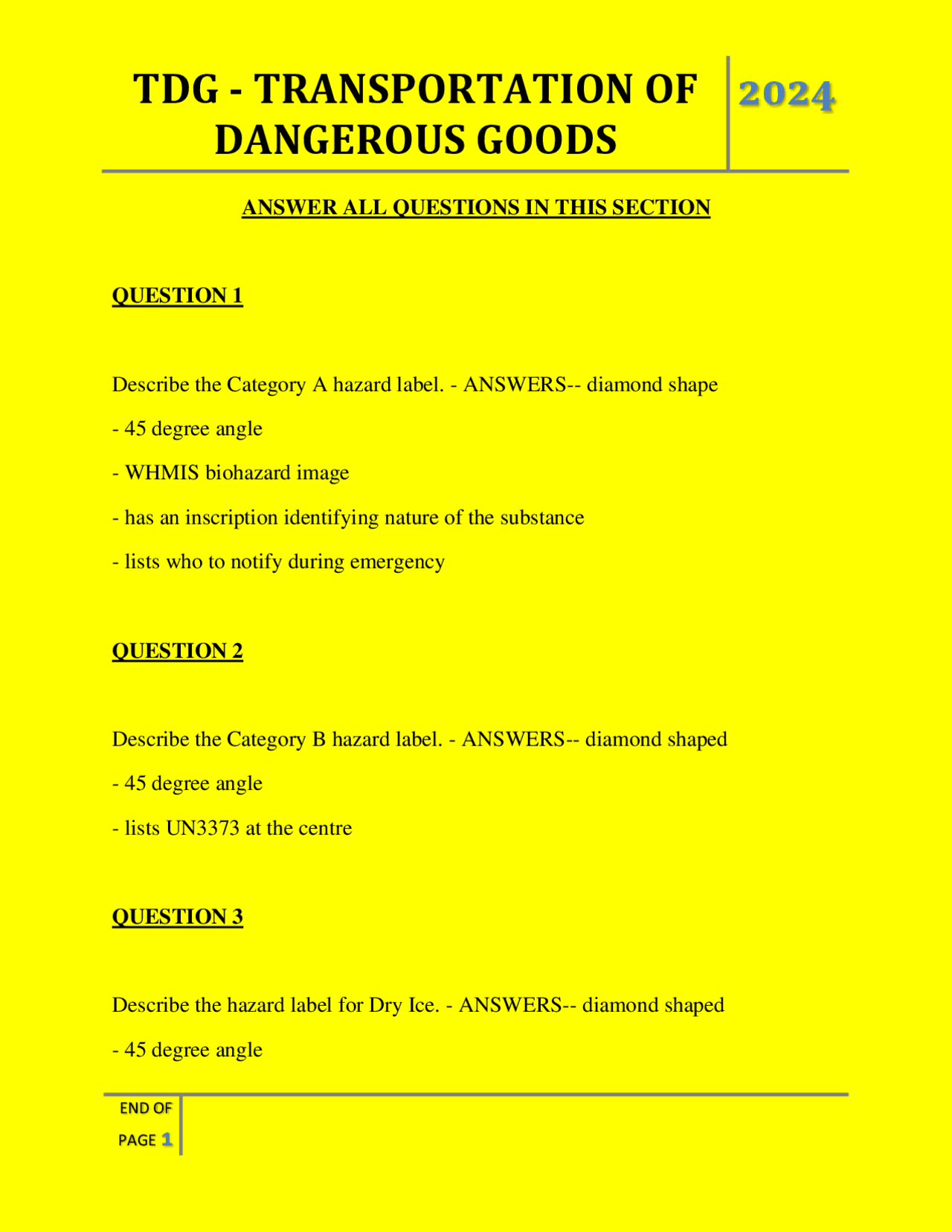 TDG - TRANSPORTATION OF DANGEROUS GOODS QUESTIONS AND ANSWERS 2025 ...