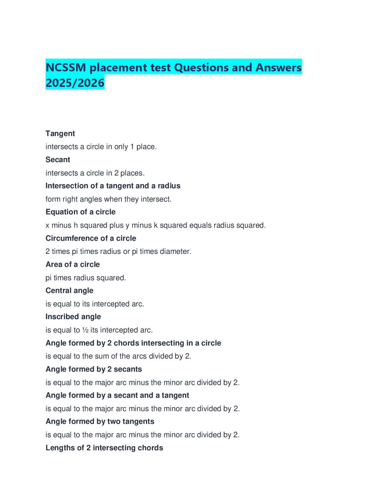 NCSSM Placement Test: Geometry and Algebra Concepts | Exams Mathematics ...