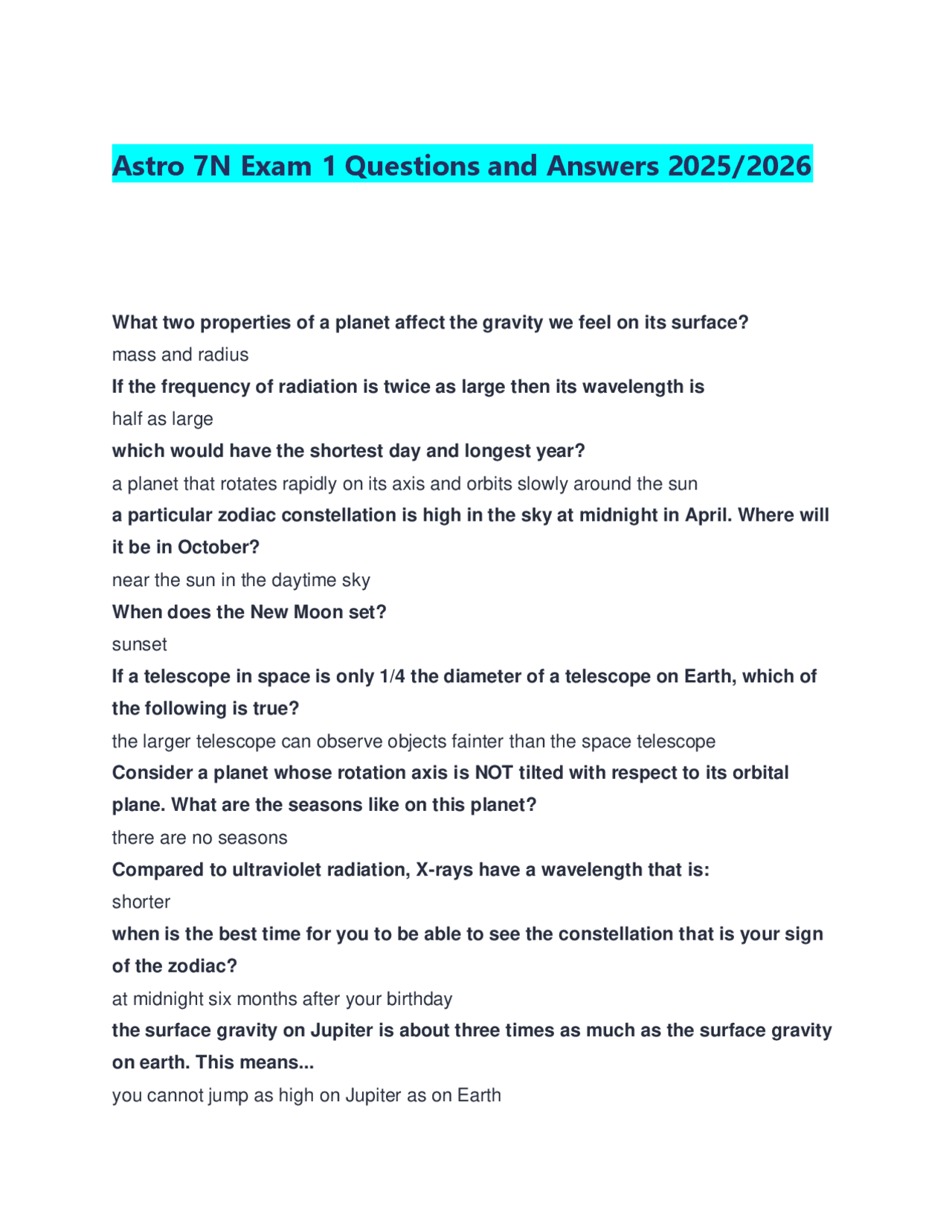 Astro 7N Exam 1 Questions and Answers: A Comprehensive Guide to Astronomy Concepts | Exams ...