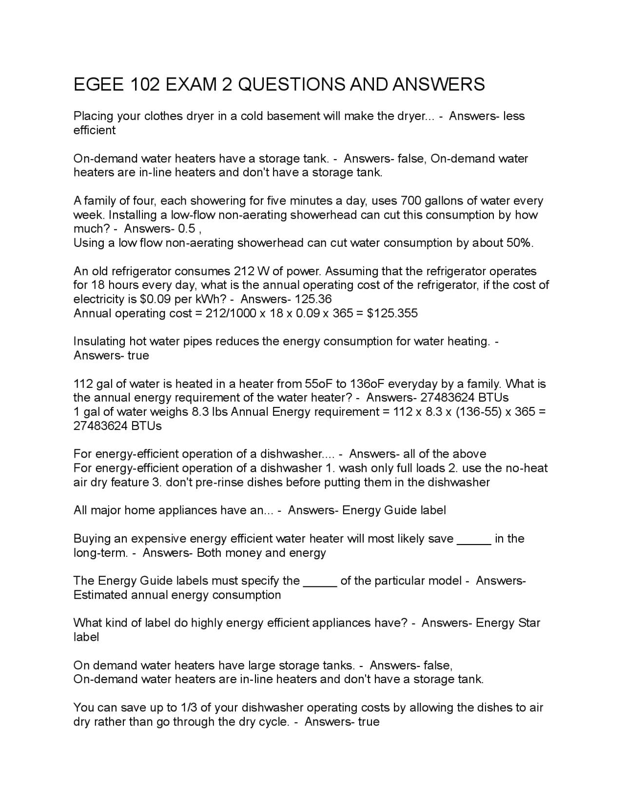 EGEE 102 Exam 2: Energy Efficiency Questions and Answers | Exams Social Sciences | Docsity