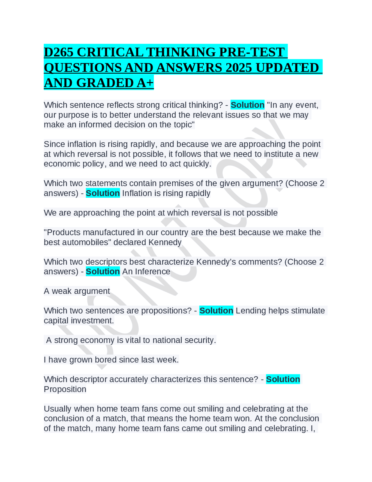 Critical Thinking Pre-Test: Questions and Answers | Exams Nursing | Docsity