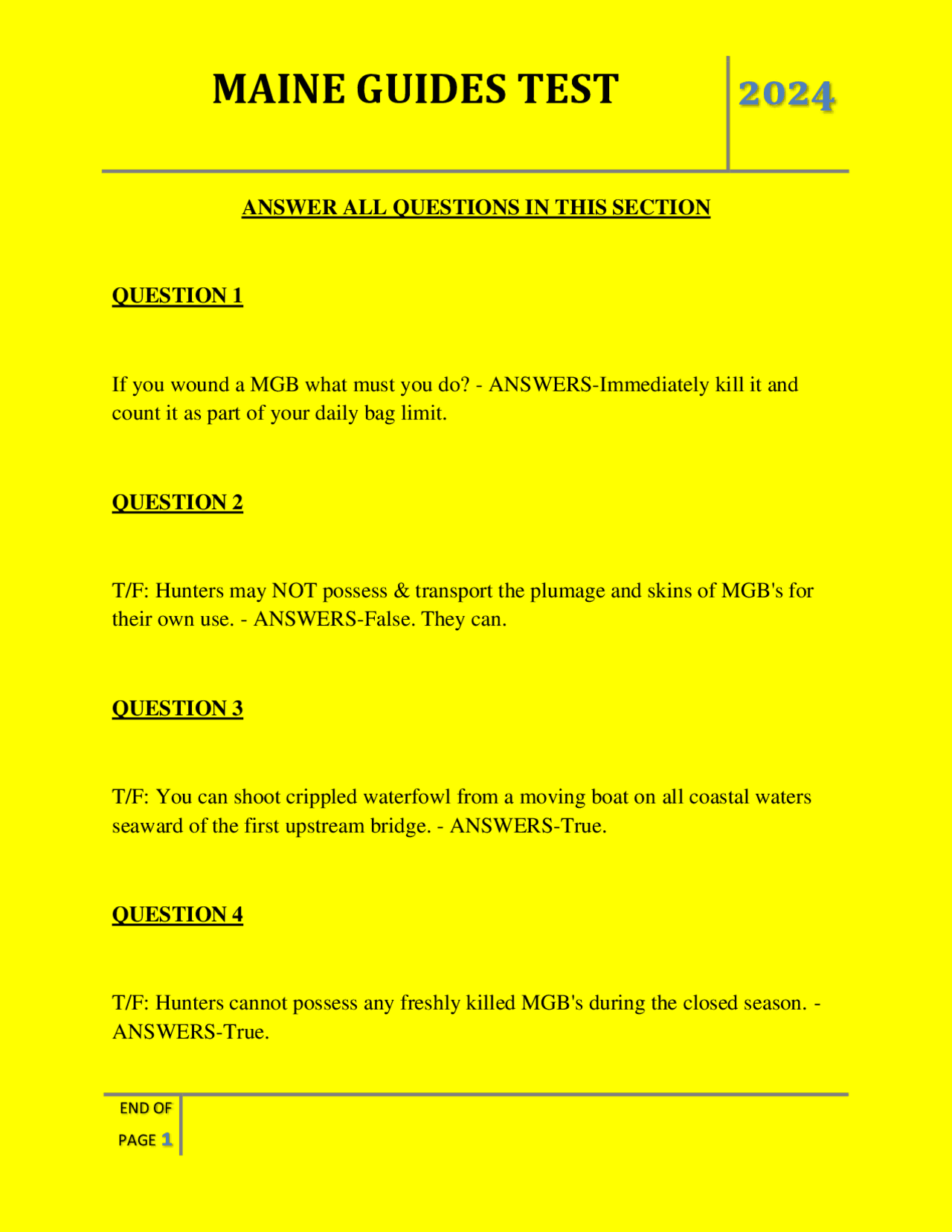 MAINE GUIDES TEST QUESTIONS AND ANSWERS 2025 | Exams Animal husbandry ...