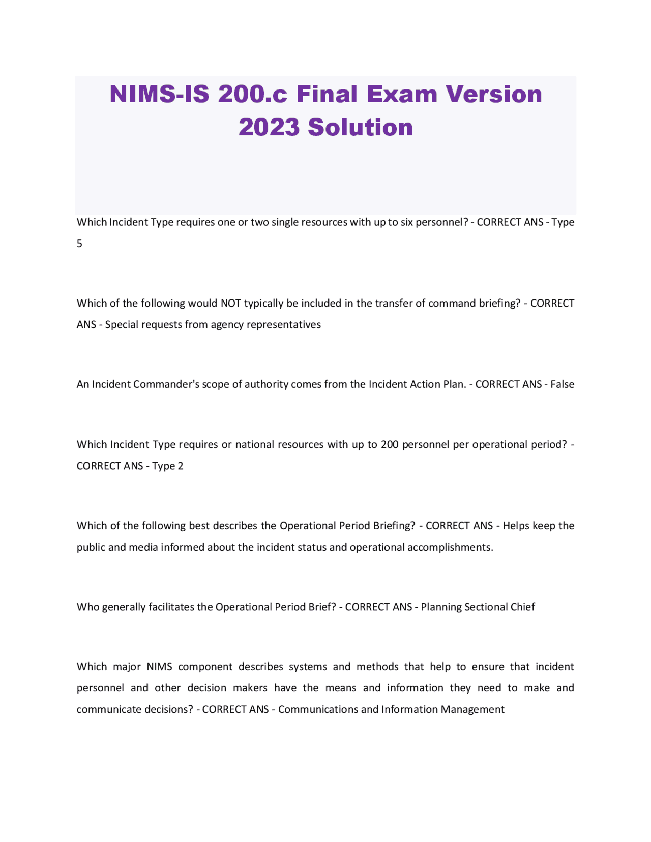 NIMS-IS 200.c Final Exam Version 2023 Solution.pdf | Exams Marketing ...