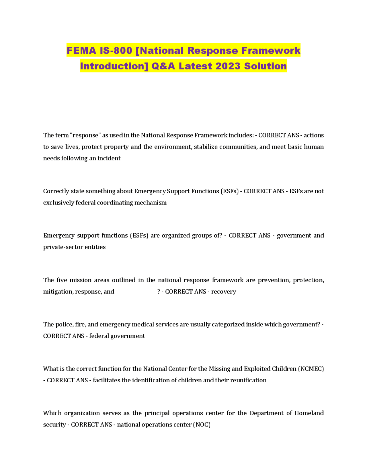 FEMA IS-800: National Response Framework Introduction - Q&A | Exams ...