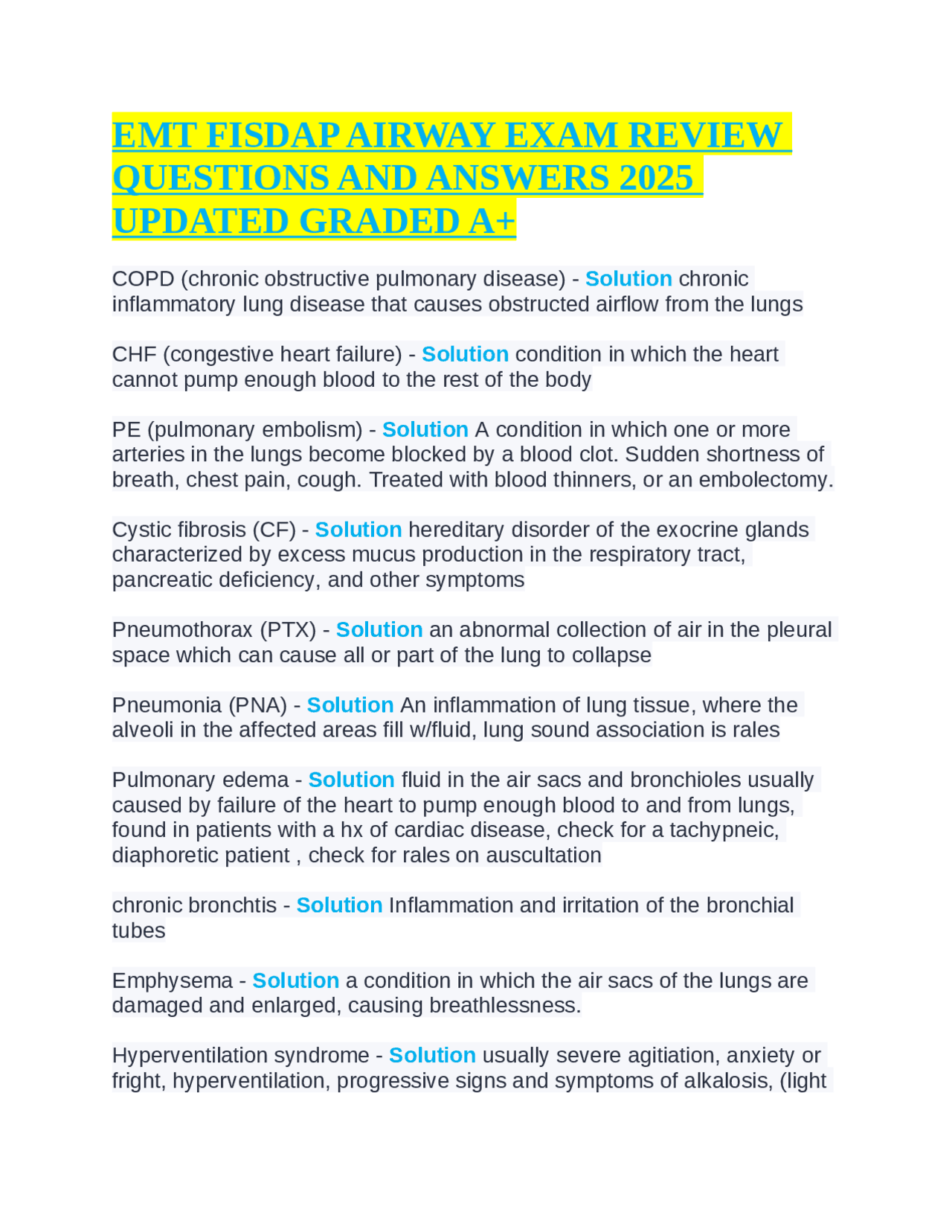 EMT FISDAP AIRWAY EXAM REVIEW QUESTIONS AND ANSWERS 2025 UPDATED GRADED A+ | Exams Nursing | Docsity