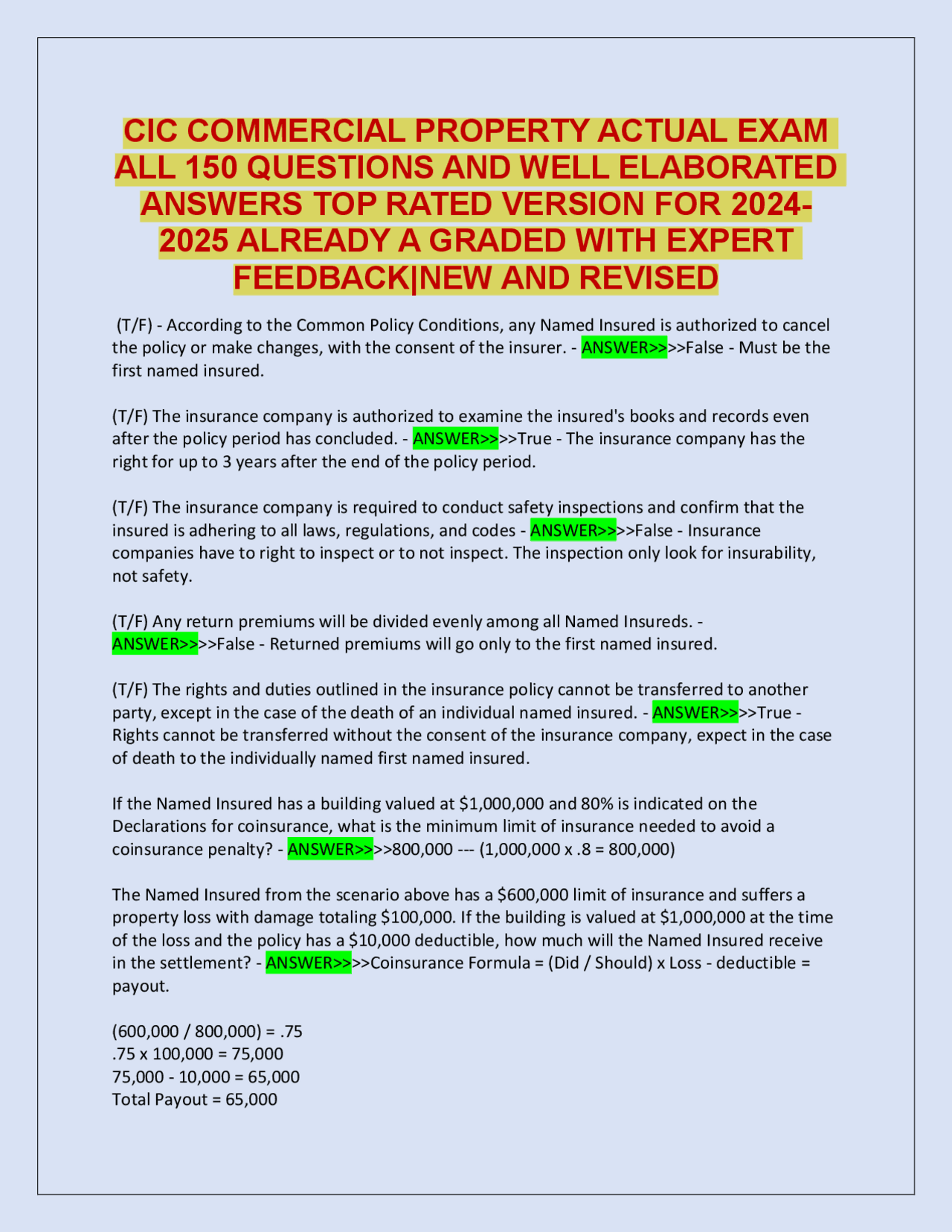 CIC Commercial Property Actual Exam: 150 Questions and Answers for 2024 ...