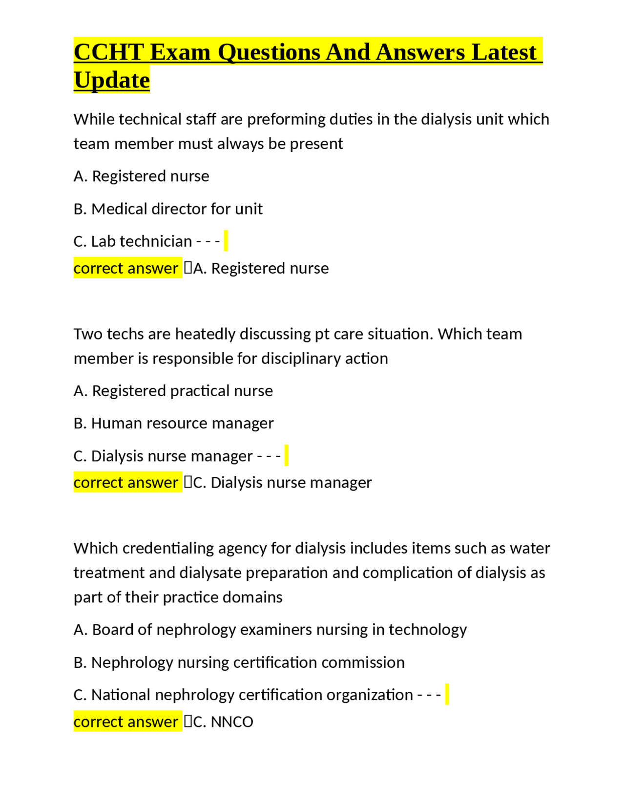 CCHT Exam Questions and Answers: A Comprehensive Guide for Dialysis ...