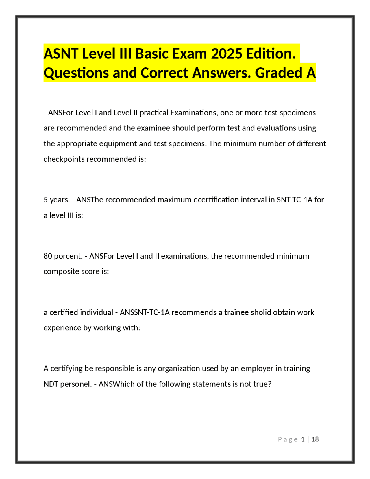 ASNT Level III Basic Exam 2025 Edition. Questions and Correct Answers ...