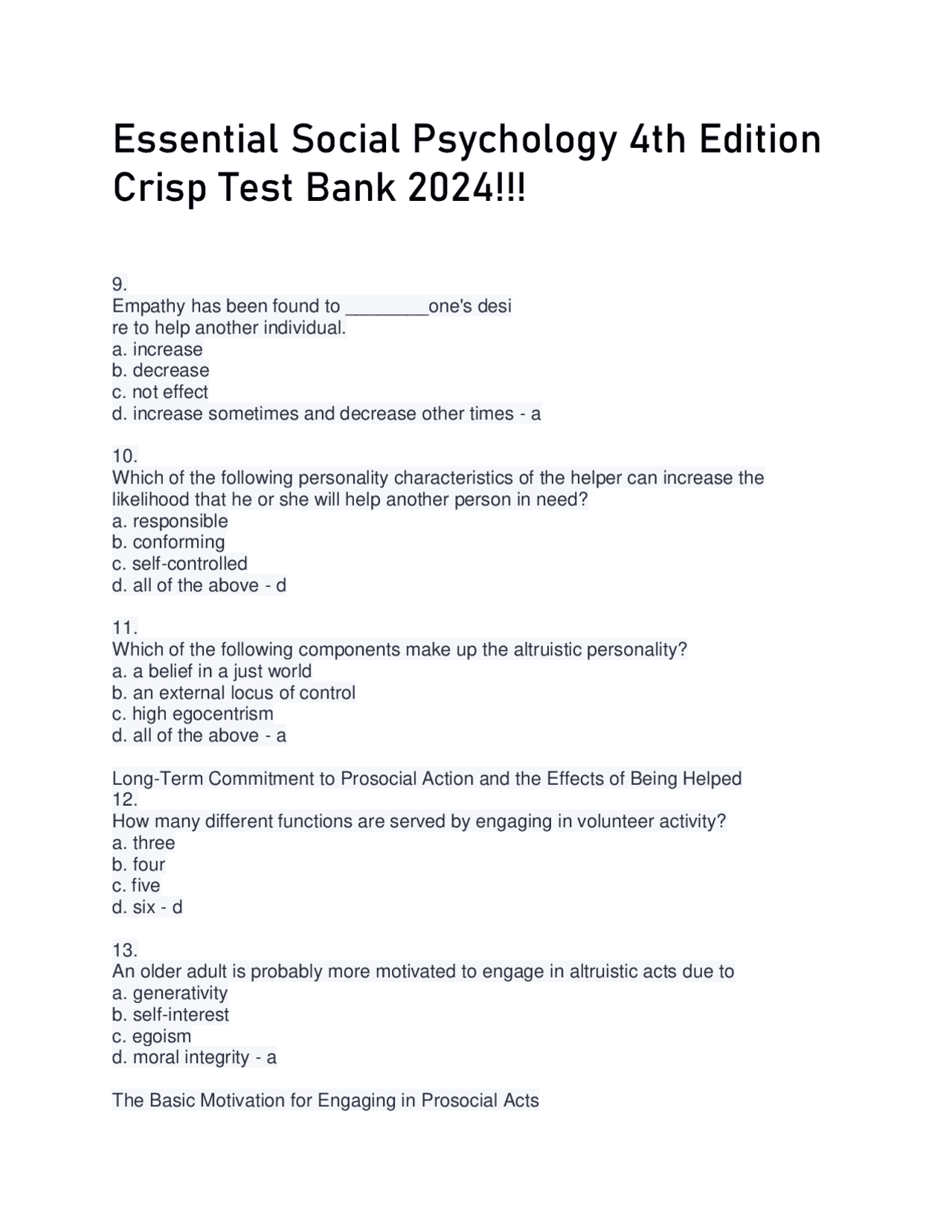 Essential Social Psychology 4th Edition Crisp Test Bank | Exams Social ...