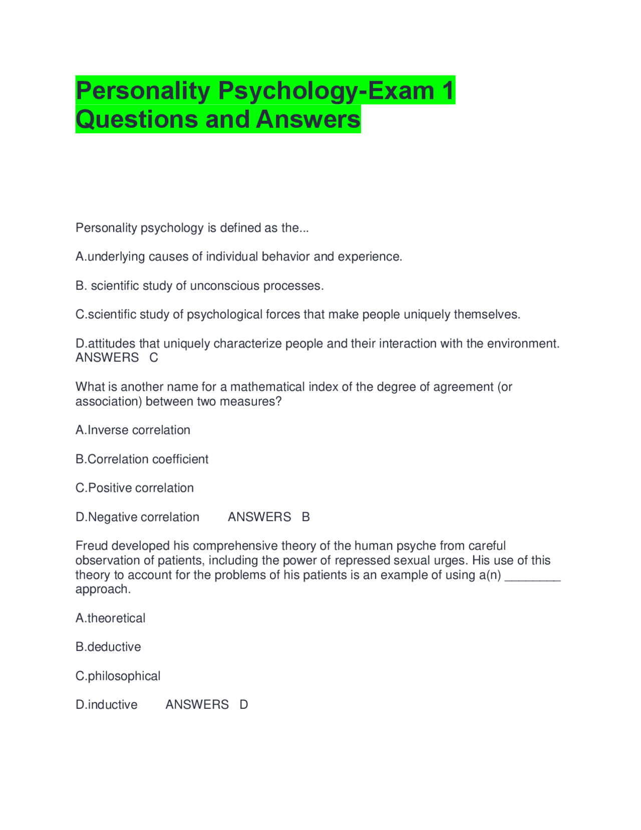 Personality Psychology-Exam 1 Questions and Answers | Exams Nursing ...