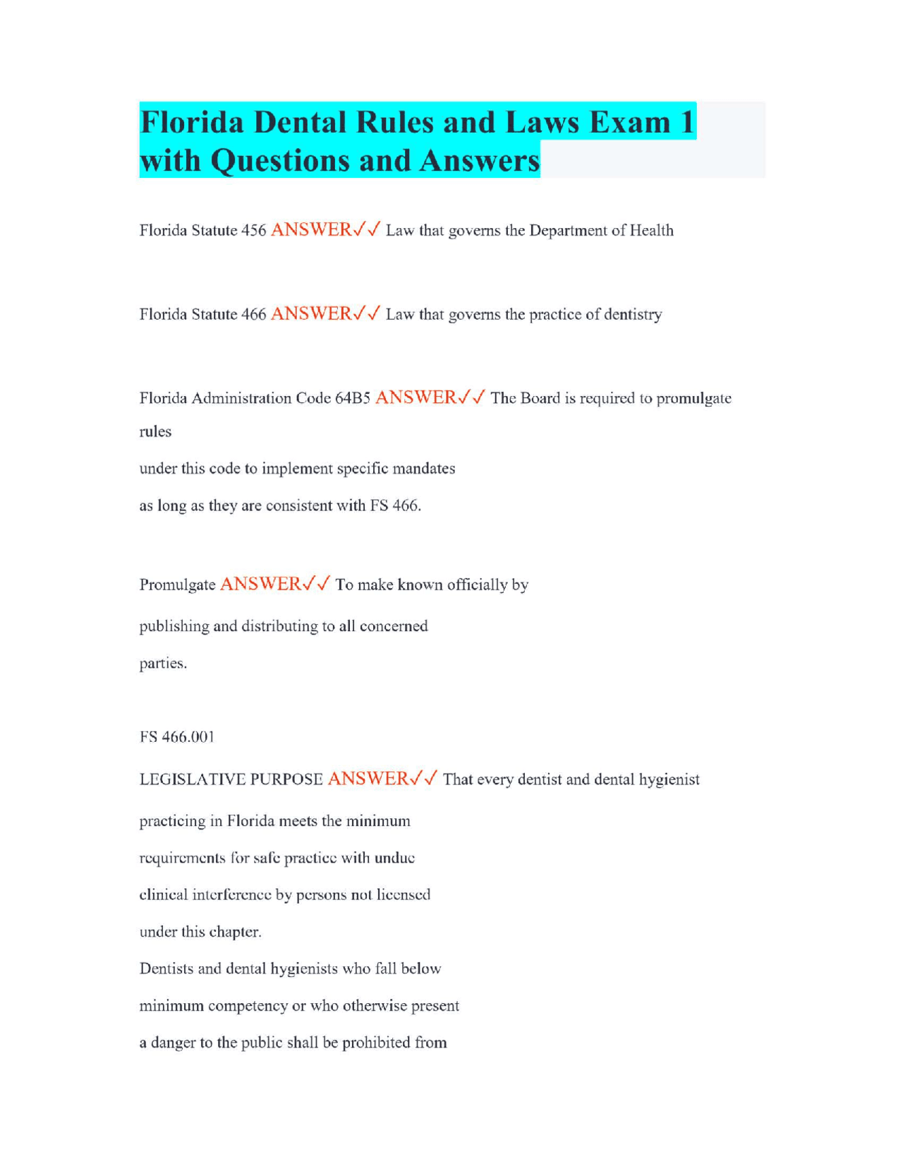 Florida Dental Rules and Laws Exam 1 with Questions and Answers | Exams ...