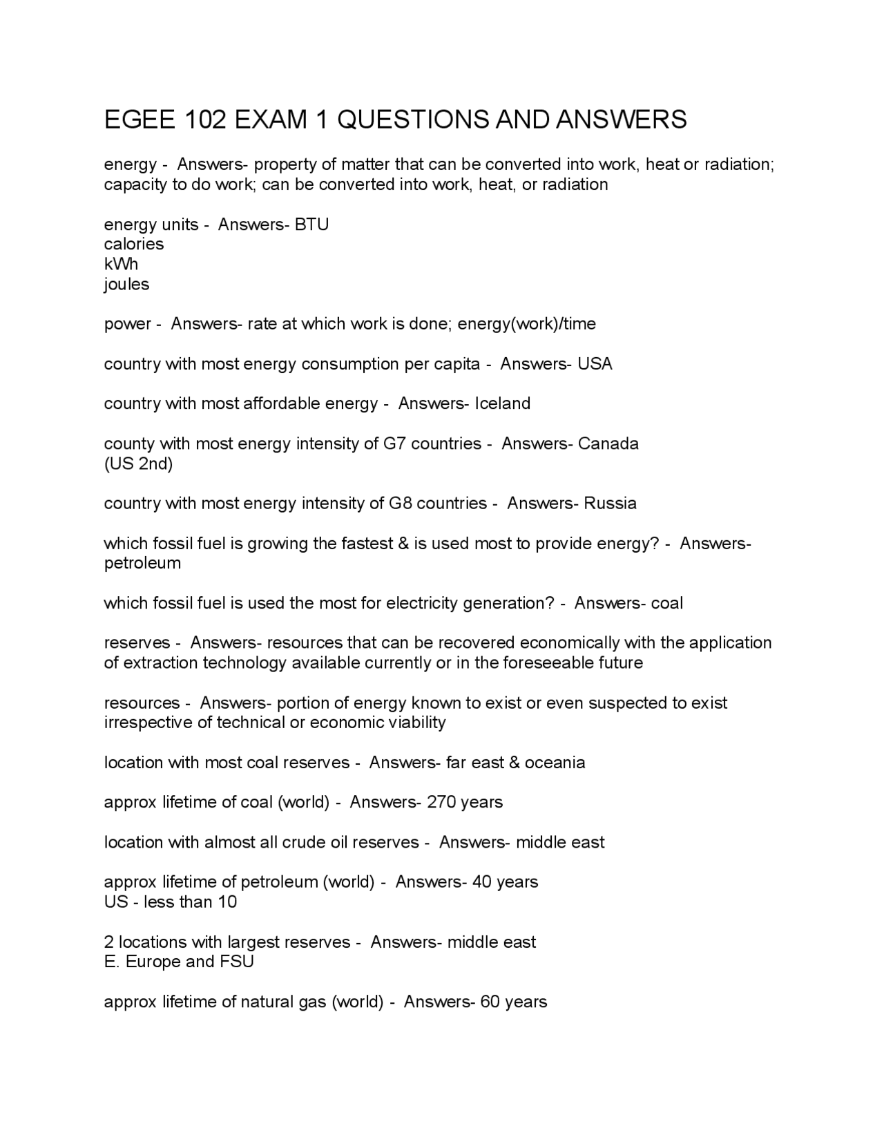 EGEE 102 Exam 1 Questions and Answers: Energy Concepts and Resources | Exams Social Sciences ...