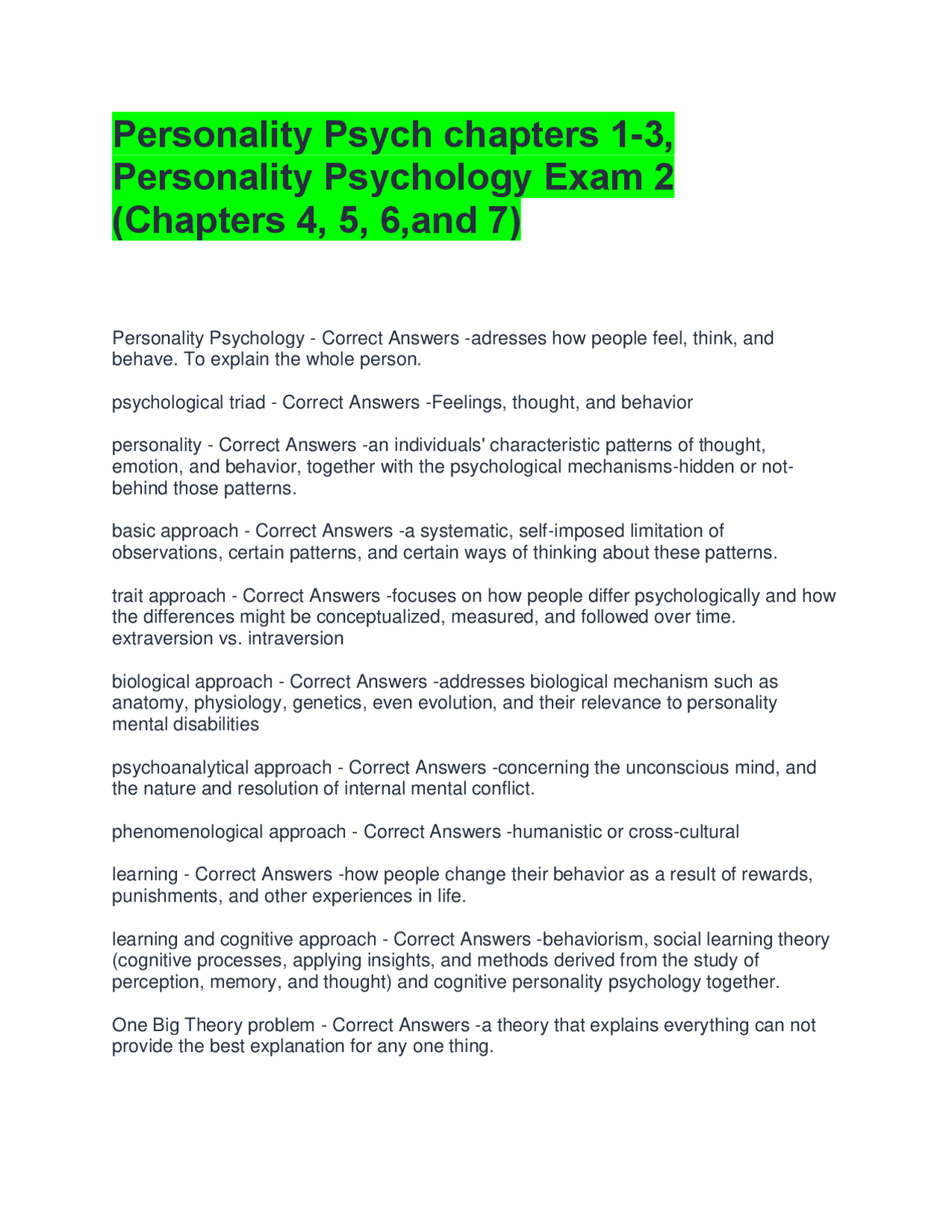 Personality Psych chapters 1-3, Personality Psychology Exam 2 (Chapters ...