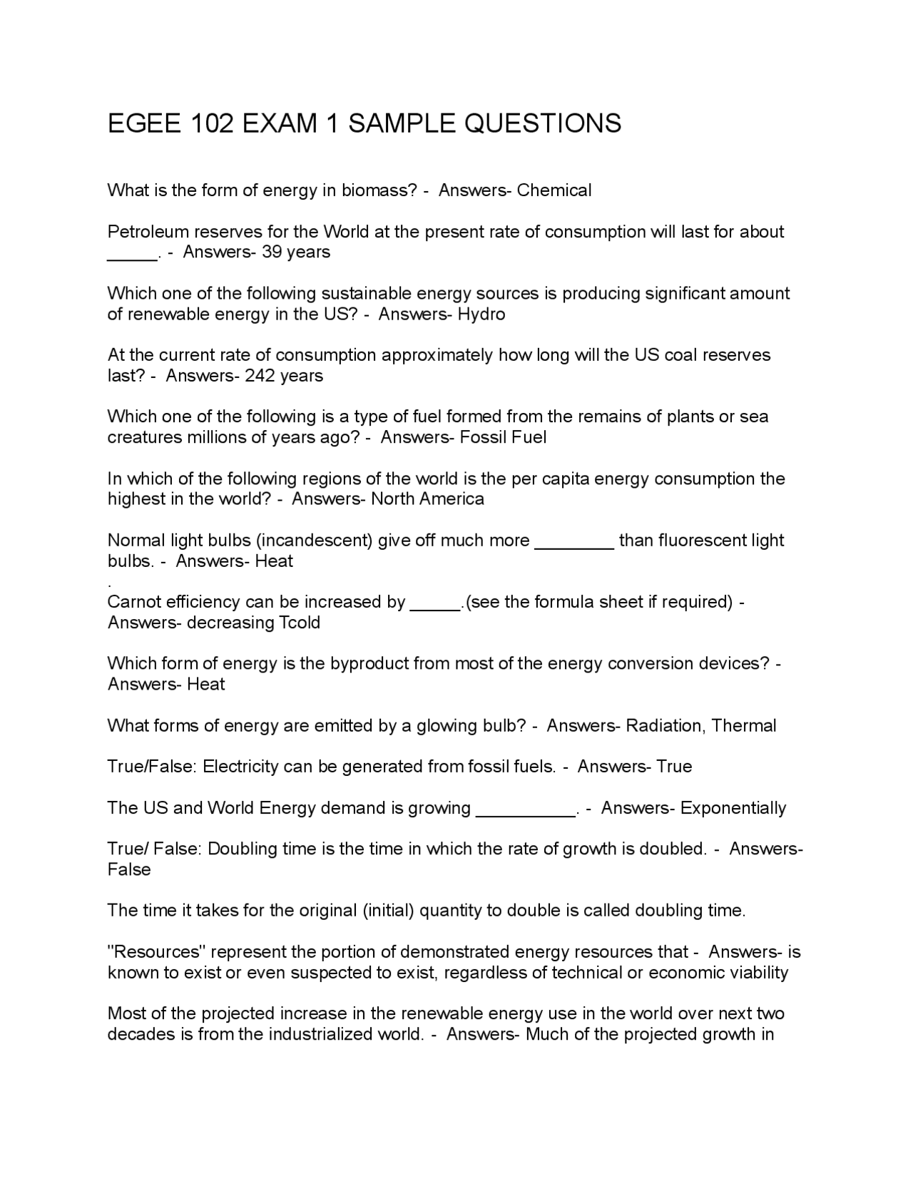 EGEE 102 Exam 1 Sample Questions: Energy Fundamentals and Applications | Exams Social Sciences ...