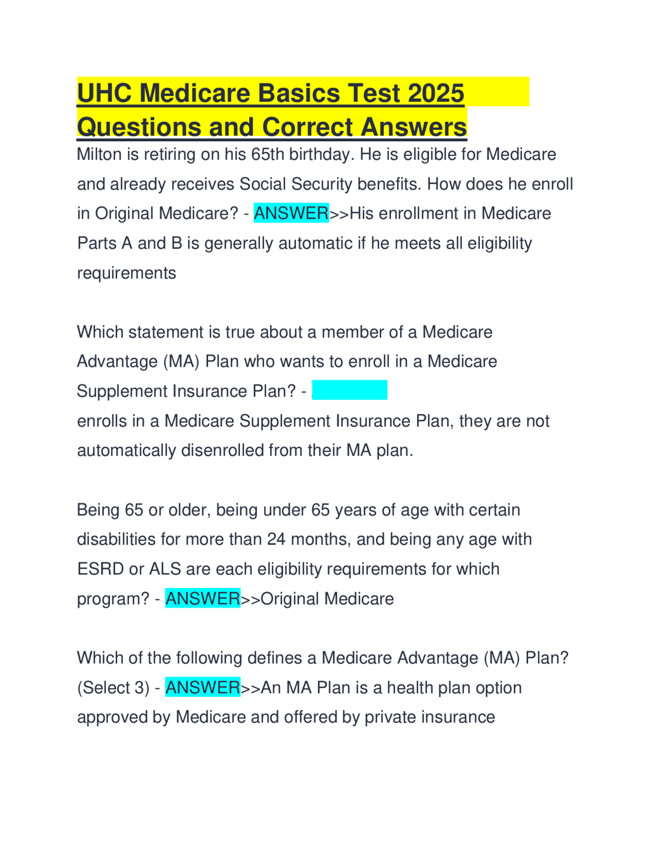 Medicare Basics Test: Questions and Answers | Exams Nursing | Docsity