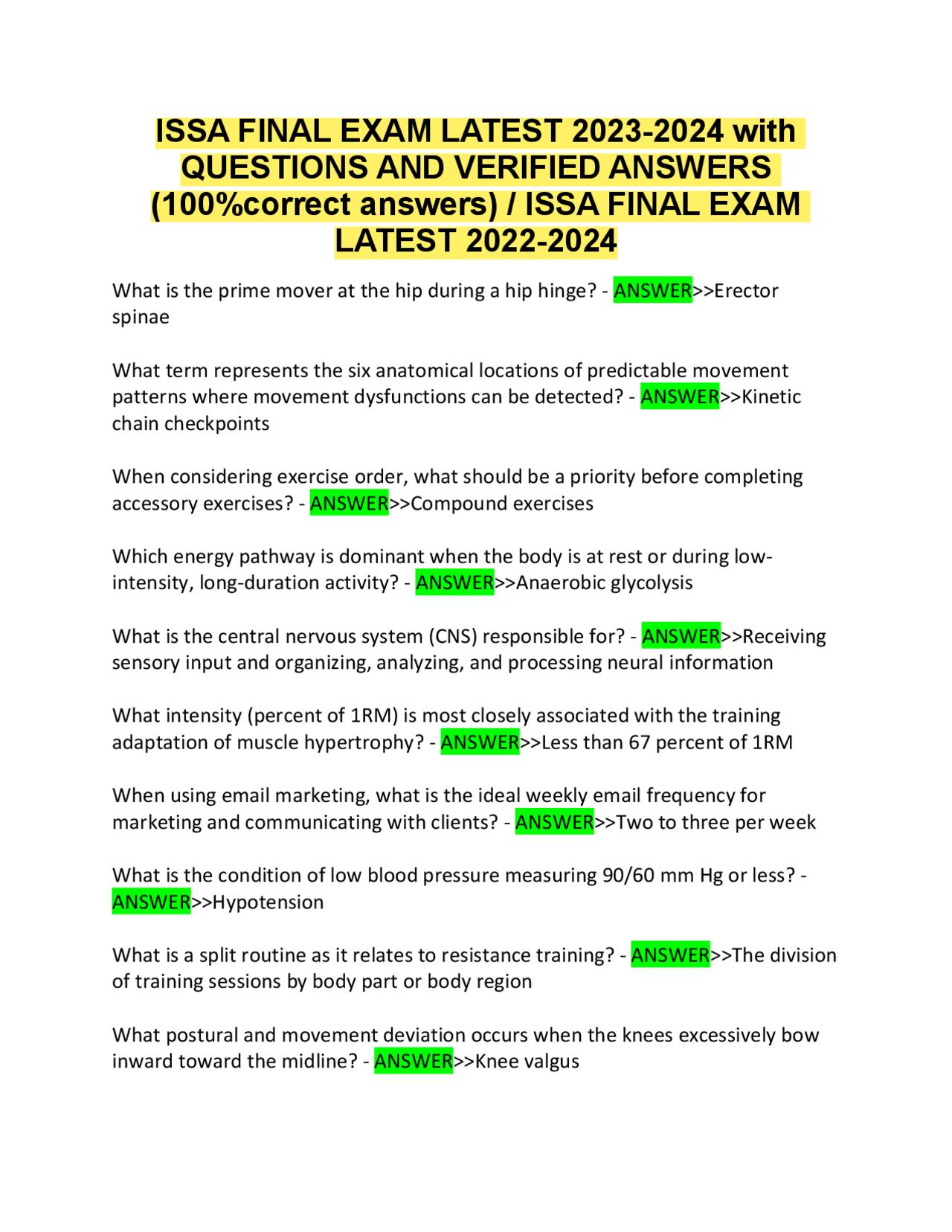 ISSA Final Exam Questions and Answers: 2023-2024 | Exams Nursing | Docsity