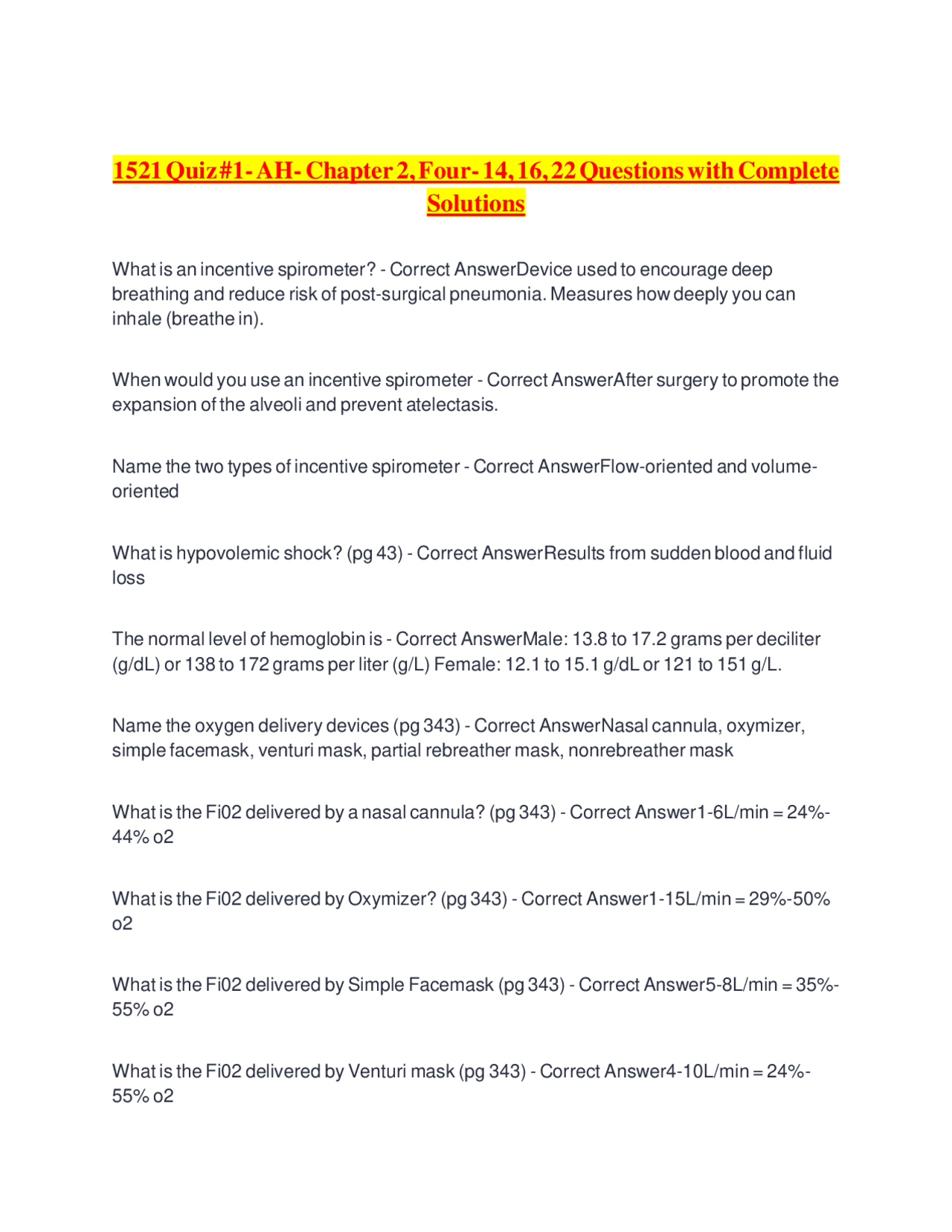 Quiz #1 - AH - Chapter 2, Four- 14, 16, 22 Questions with Complete ...