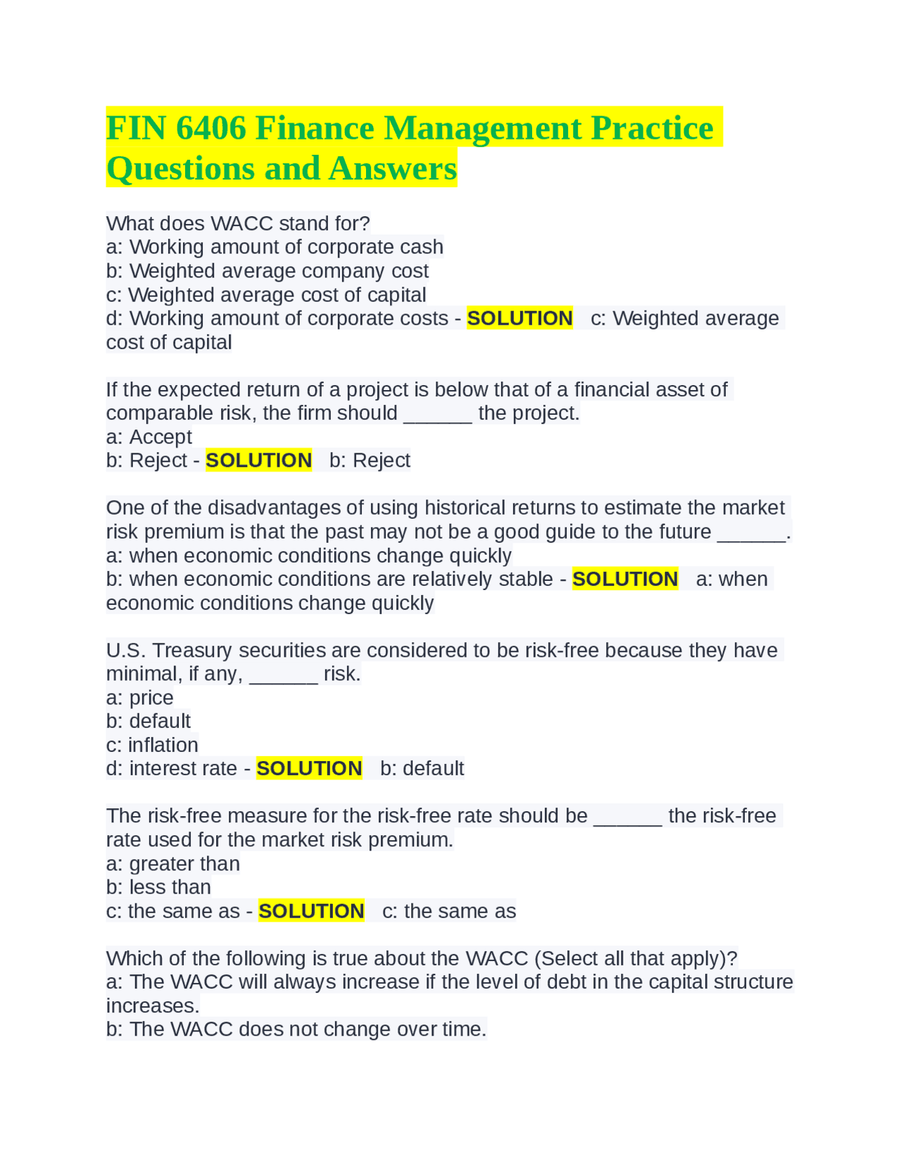 FIN 6406 Finance Management Practice Questions and Answers | Exams ...