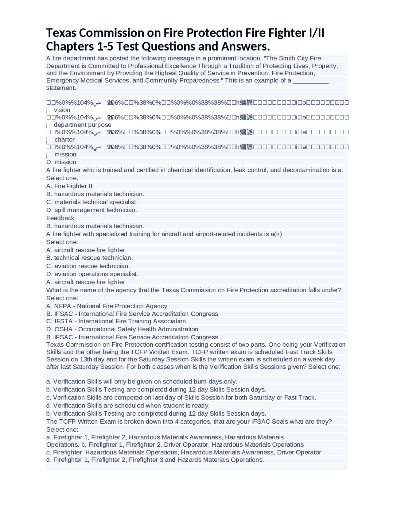 Texas Commission on Fire Protection Fire Fighter I/II Chapters 1-5 Test ...