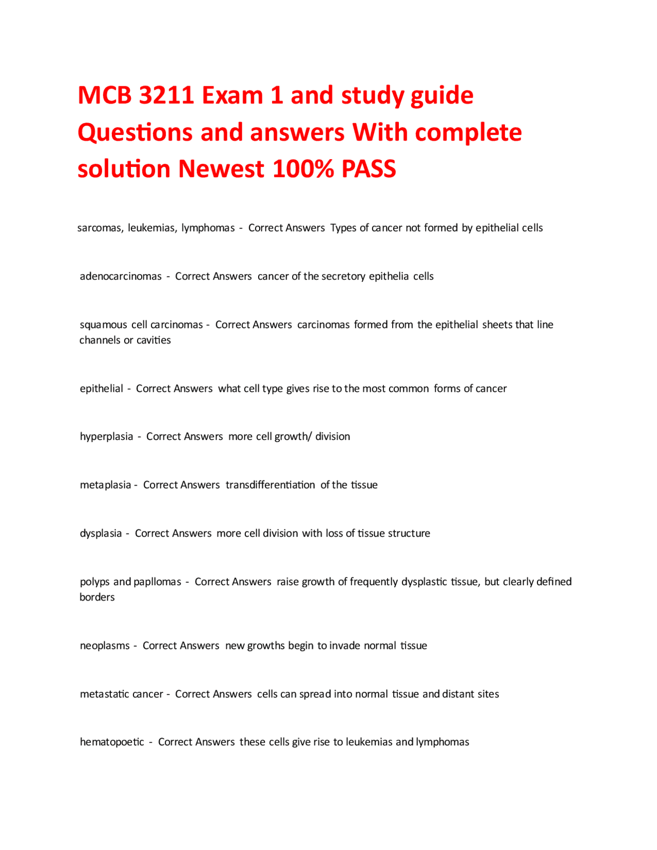 MCB 3211 Exam 1 Study Guide: Cancer Biology Questions and Answers ...