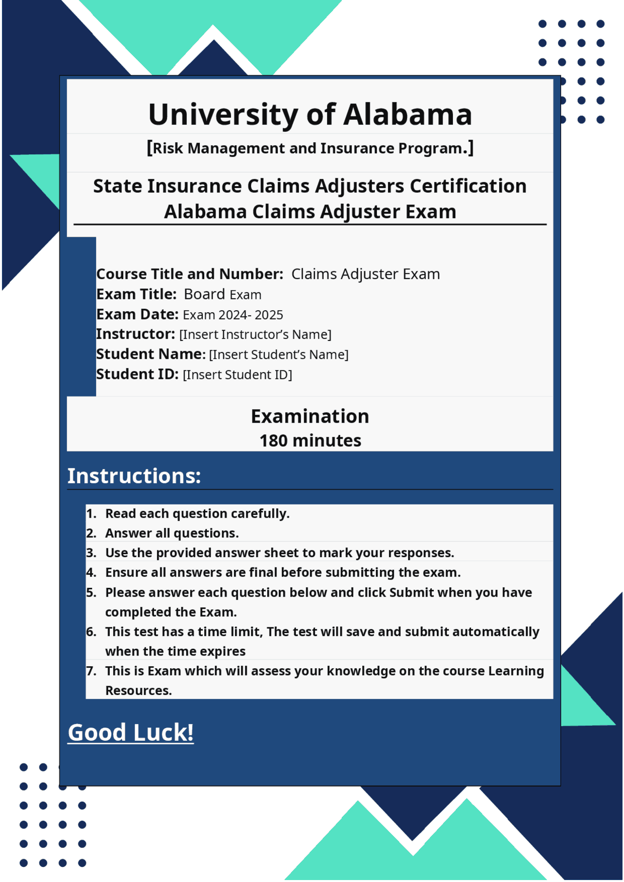 Alabama Adjusters License Exam Prep Review Questions with Correct ...