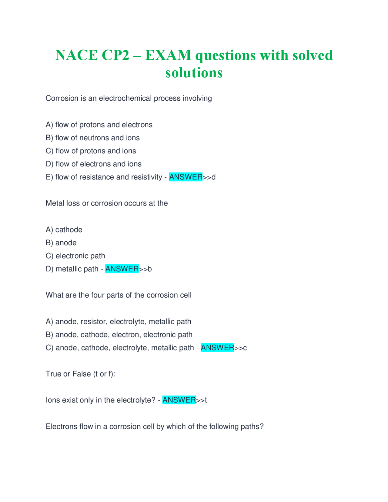 NACE CP2 Exam Questions with Solved Solutions: Corrosion Fundamentals ...