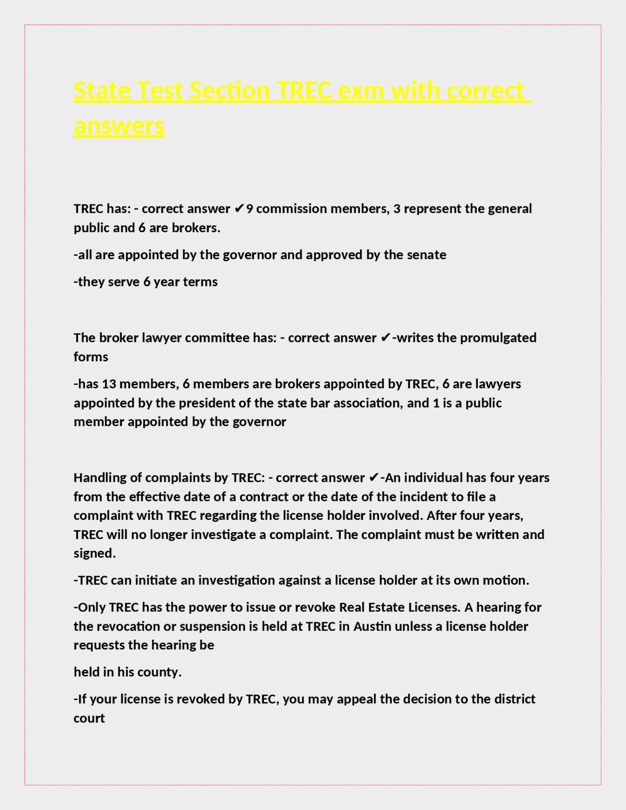 State Test Section TREC exm with correct answers | Exams Nursing | Docsity