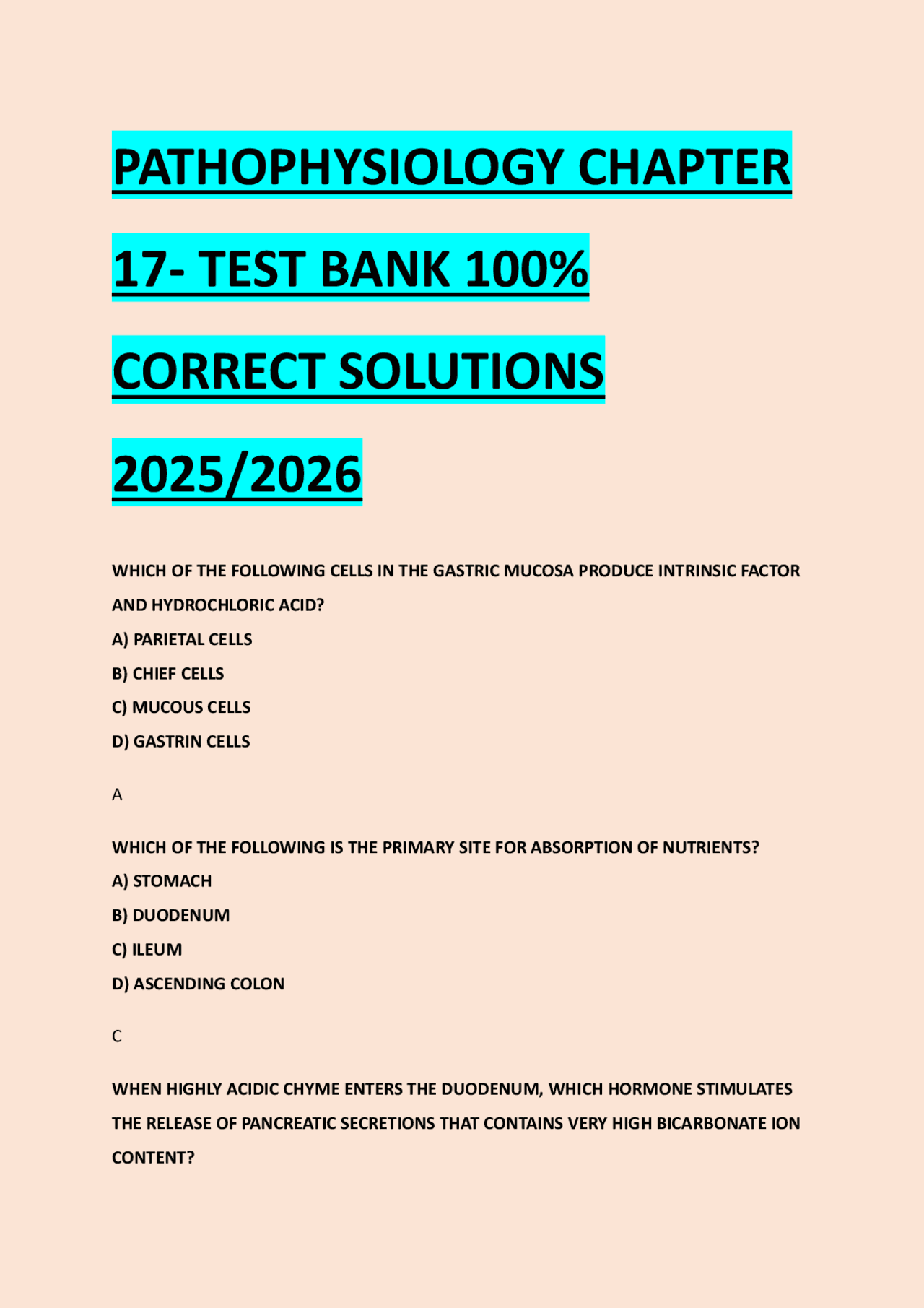 PATHOPHYSIOLOGY CHAPTER 17- TEST BANK 100% CORRECT SOLUTIONS 2025/2026 ...