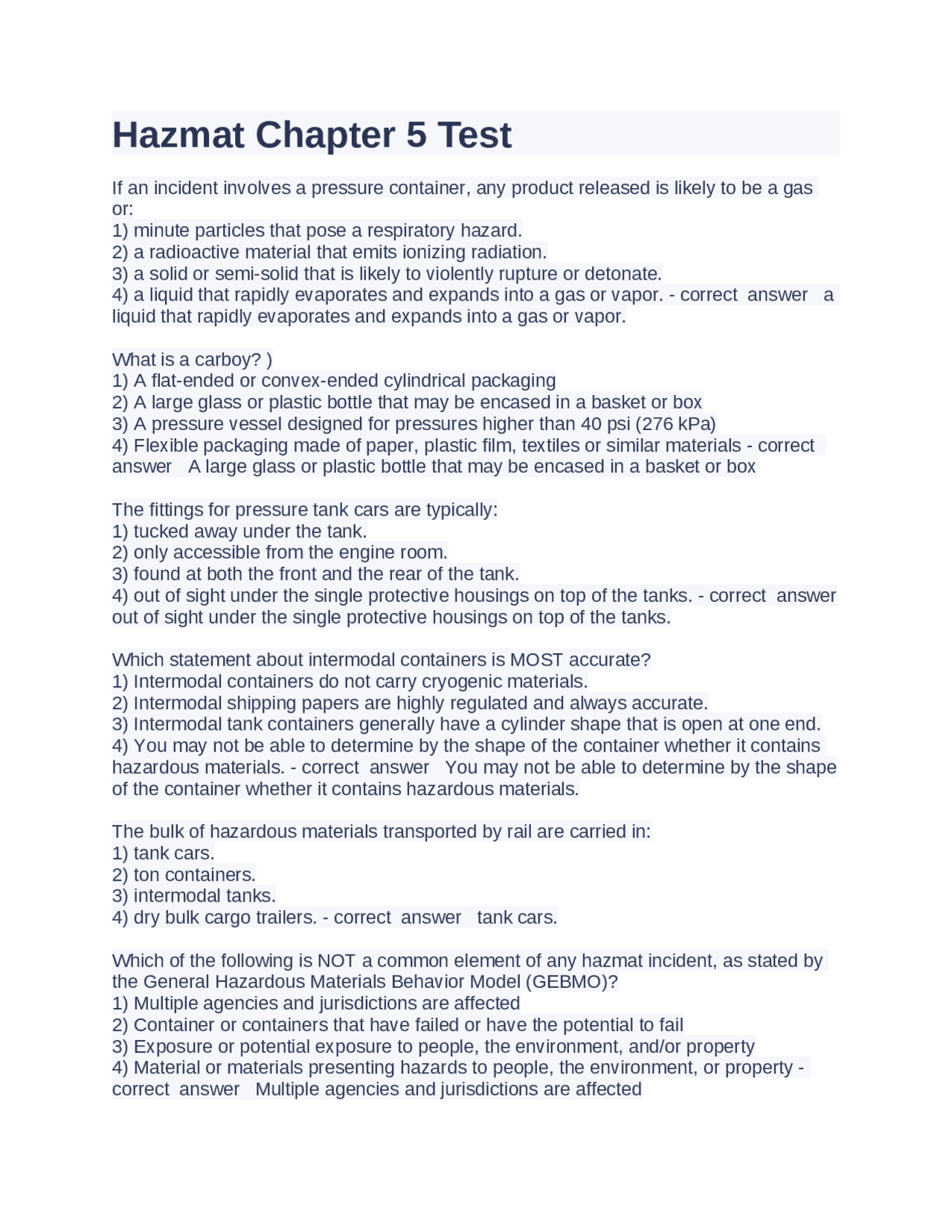 Hazmat Chapter 5 Test: Multiple Choice Questions and Answers | Exams ...