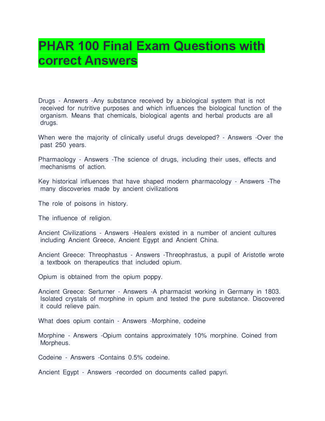 PHAR 100 Final Exam: Drug History & Development Review | Exams Nursing | Docsity