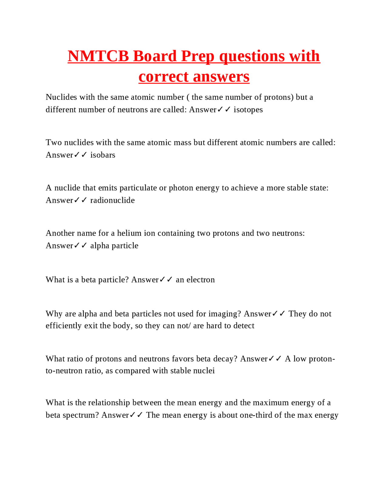 NMTCB Board Prep questions with correct answers | Exams Nursing | Docsity