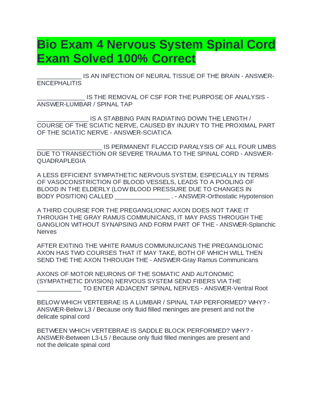 Nervous System and Spinal Cord: Exam Questions and Answers | Exams ...