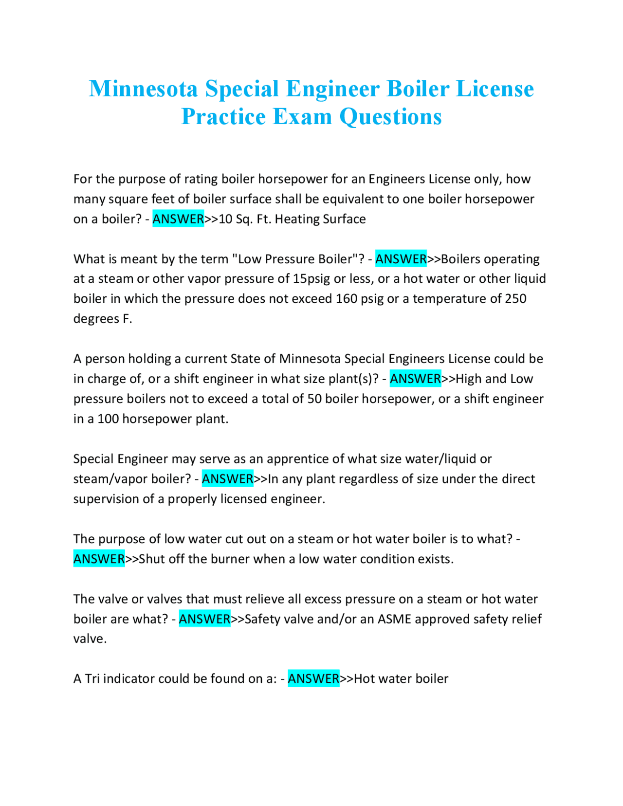 Minnesota Special Engineer Boiler License Practice Exam Questions ...