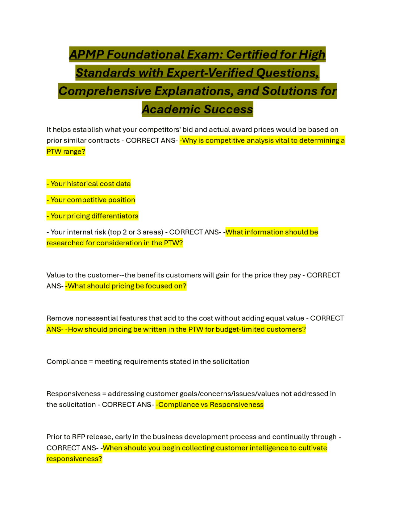 APMP Foundational Exam: Expert-Verified Questions & Solutions | Exams Finance | Docsity