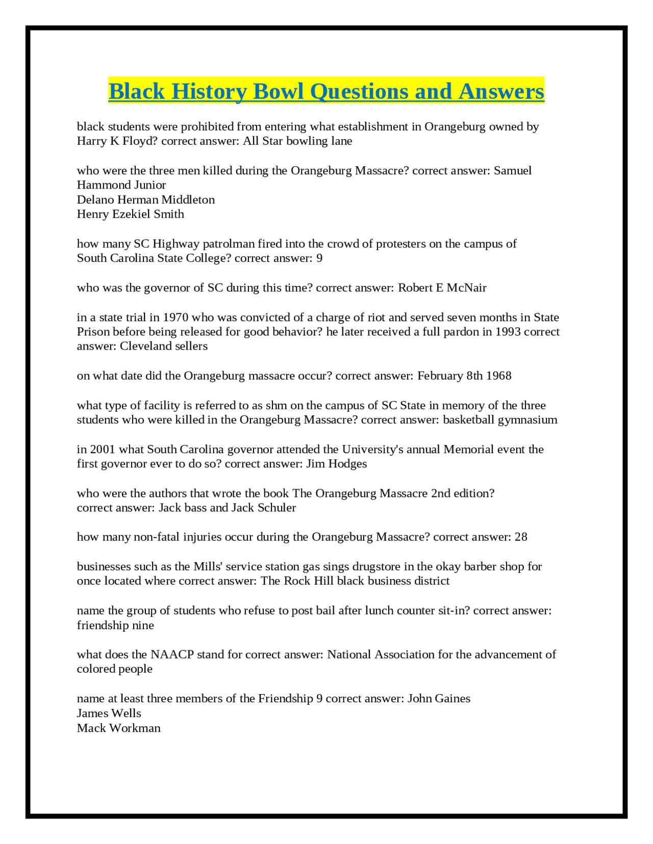Black History Bowl Questions and Answers | Exams History | Docsity