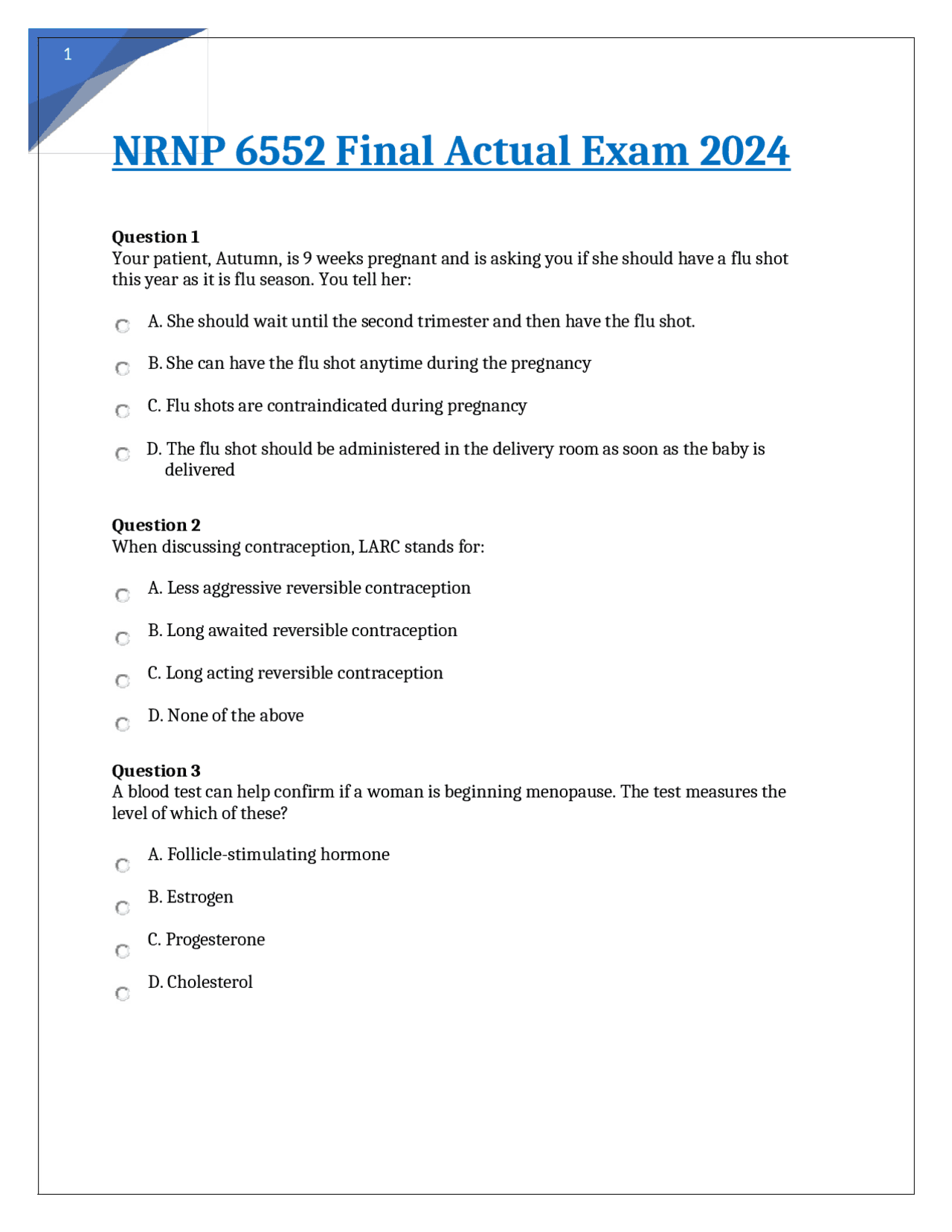 NRNP 6552 Final Actual Exam 2024: Gynecology and Obstetrics Multiple Choice Questions | Exams ...