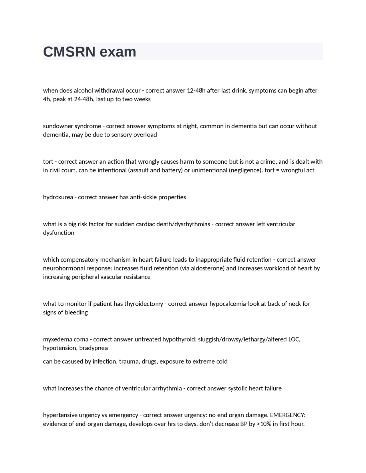 CMSRN Exam Review: Key Concepts and Answers | Exams Nursing | Docsity