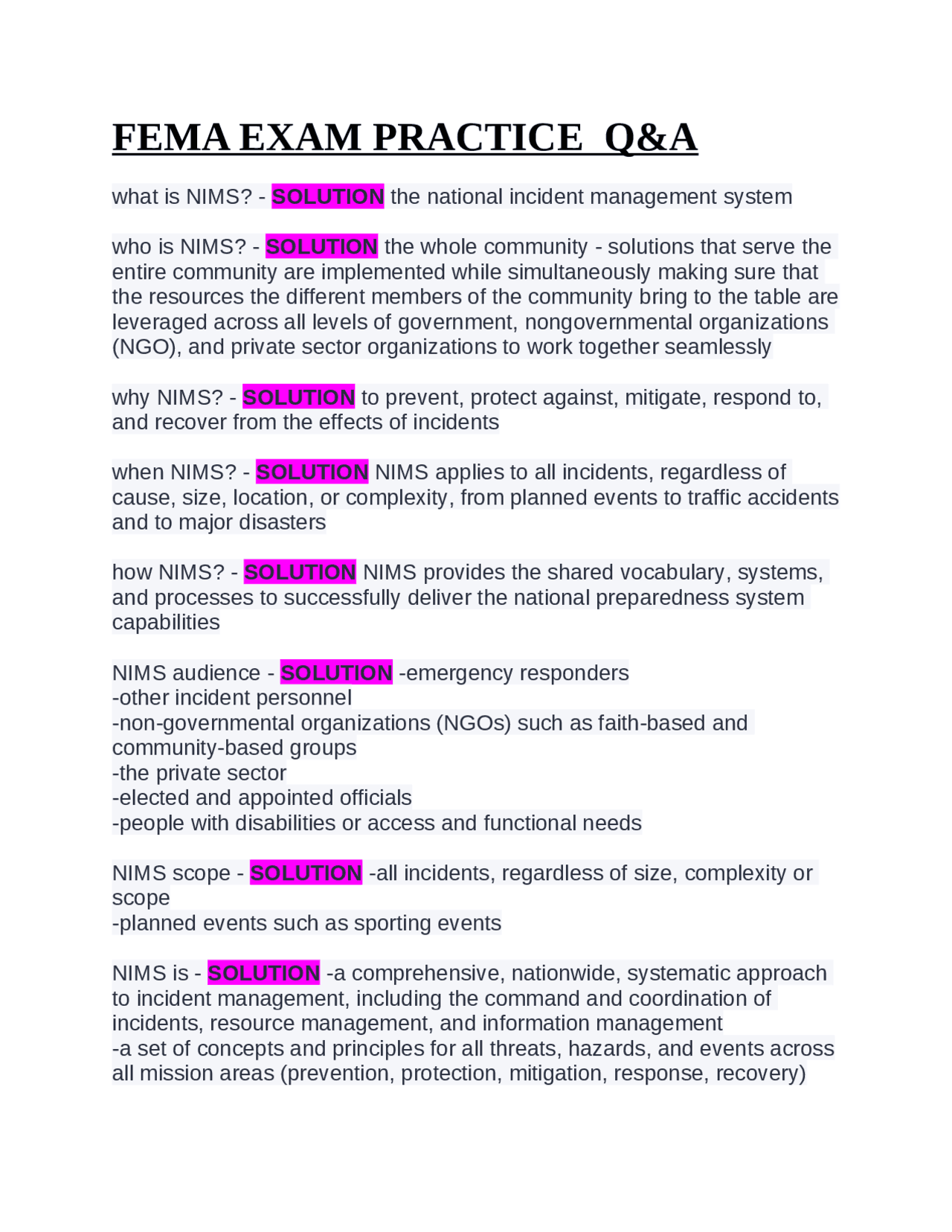 NIMS (National Incident Management System) Exam Practice Questions and ...