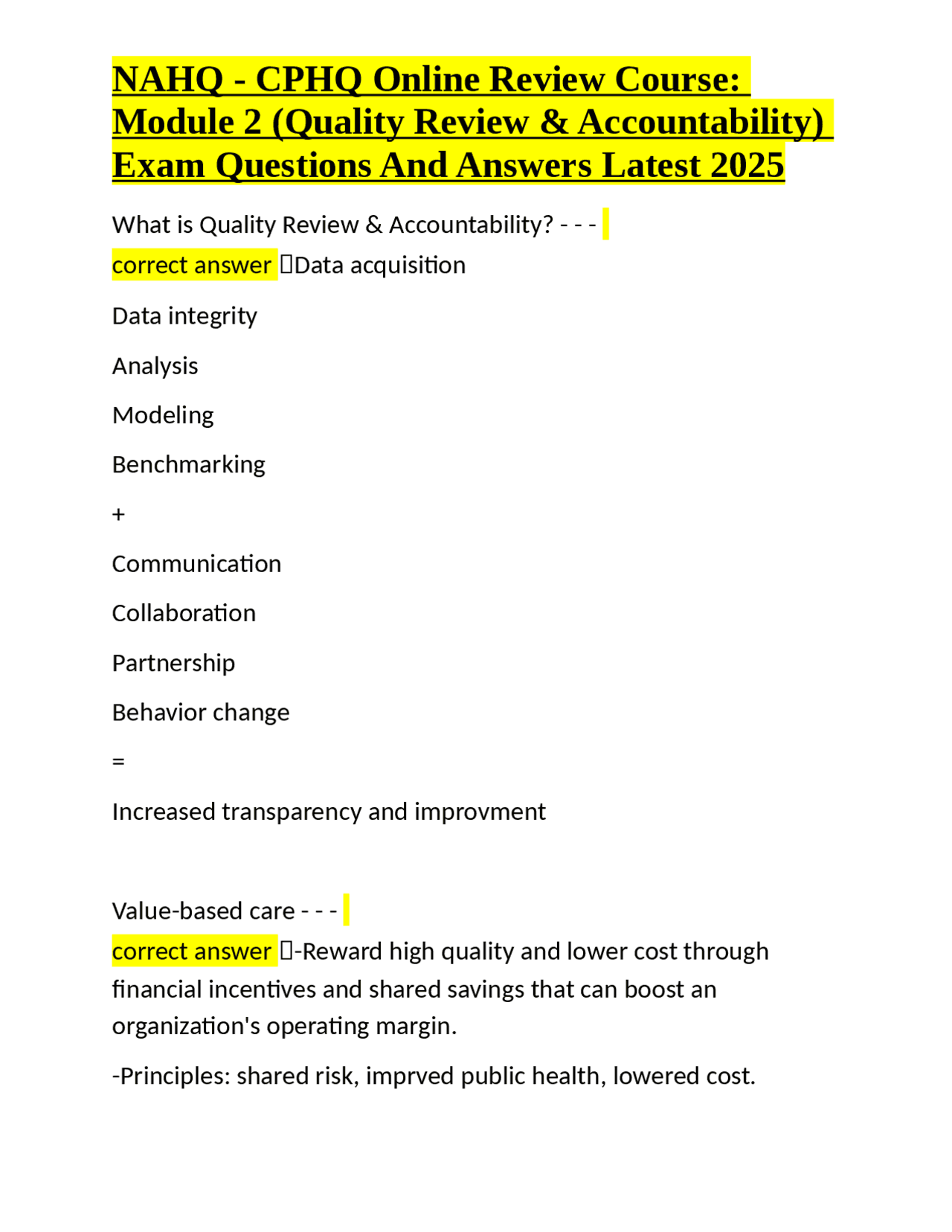 NAHQ - CPHQ Online Review: Module 2 Exam Questions & Answers | Exams ...