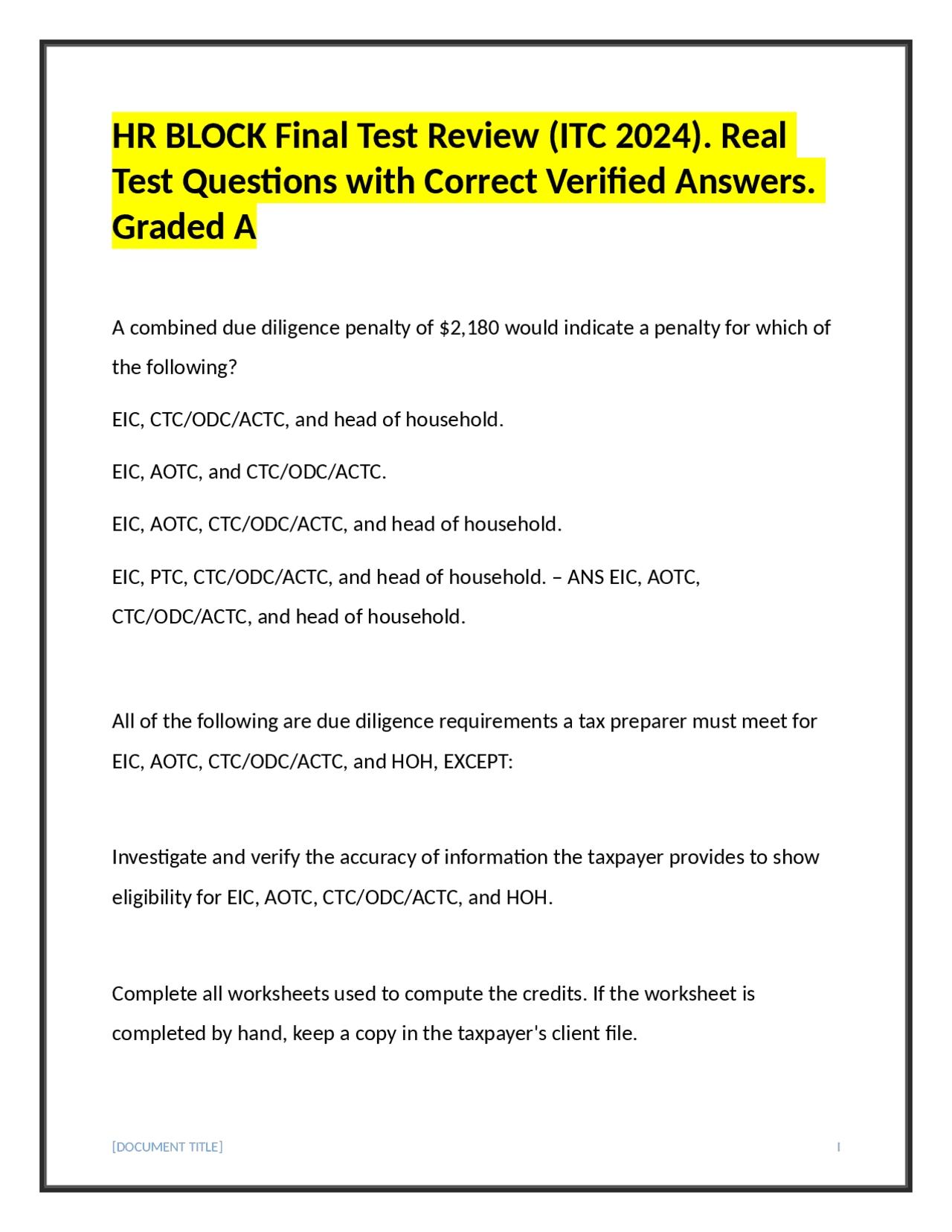 HR BLOCK Final Test Review (ITC 2024). Real Test Questions with Correct ...
