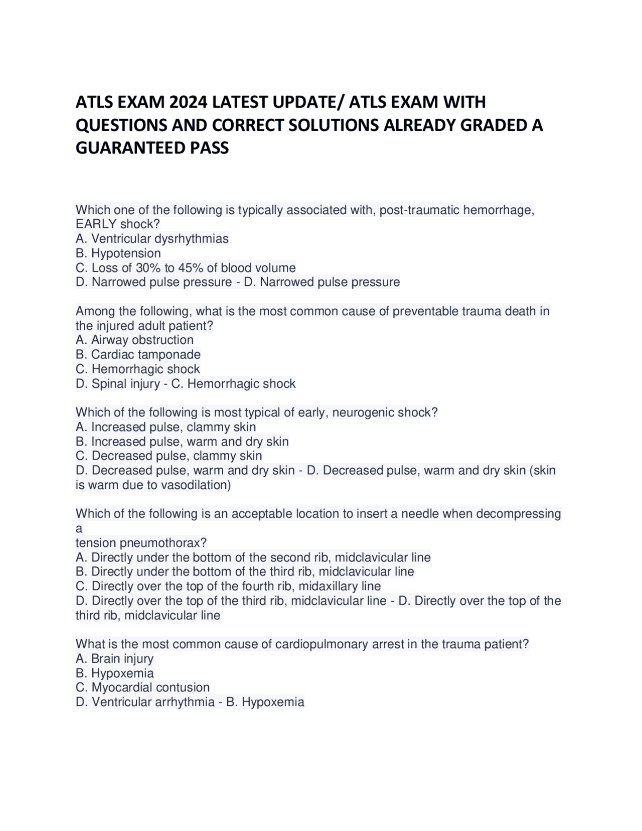 ATLS EXAM LATEST UPDATE ATLS EXAM WITH QUESTIONS AND CORRECT SOLUTIONS ...