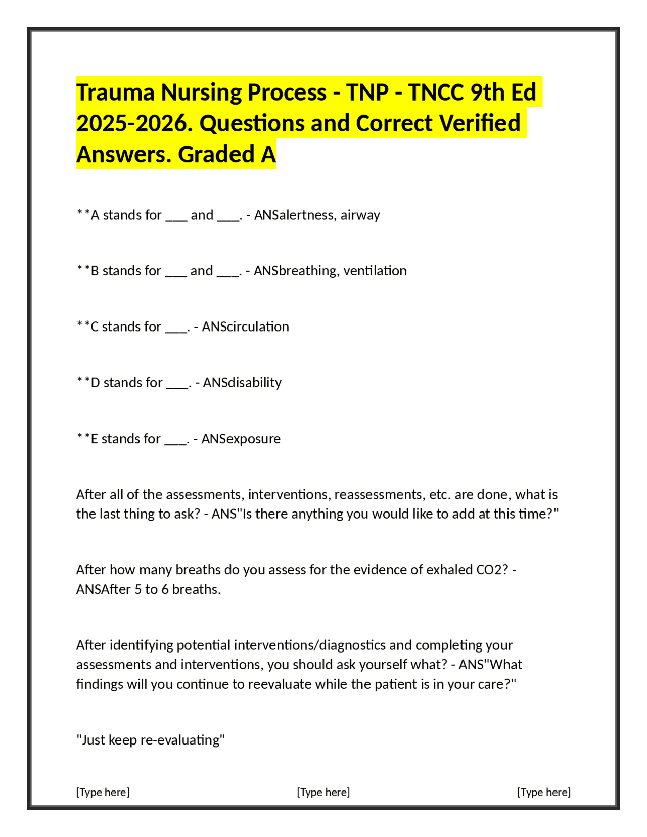 Trauma Nursing Process - TNP - TNCC 9th Ed 2025-2026. Questions and ...