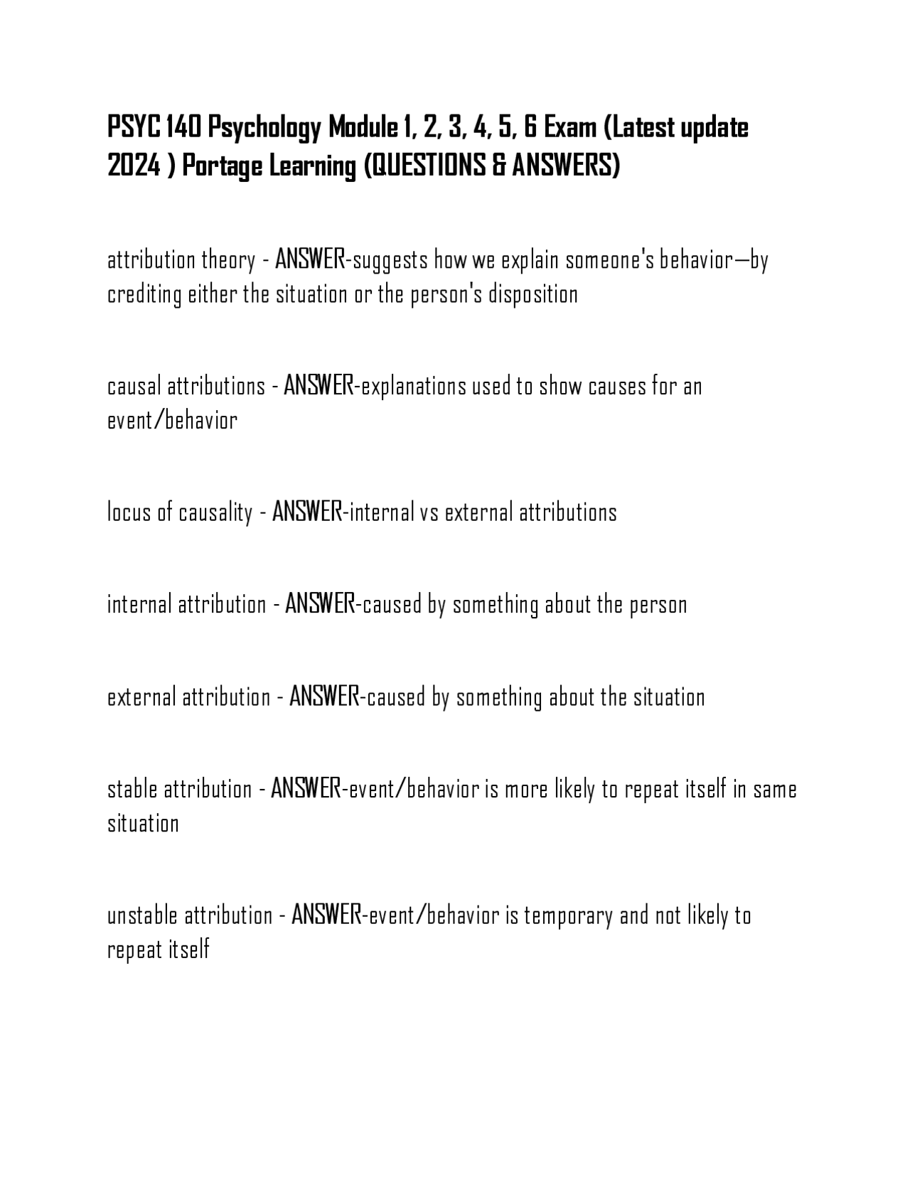 PSYC 140 Psychology Module 1, 2, 3, 4, 5, 6 Exam (Latest update 2024 ...
