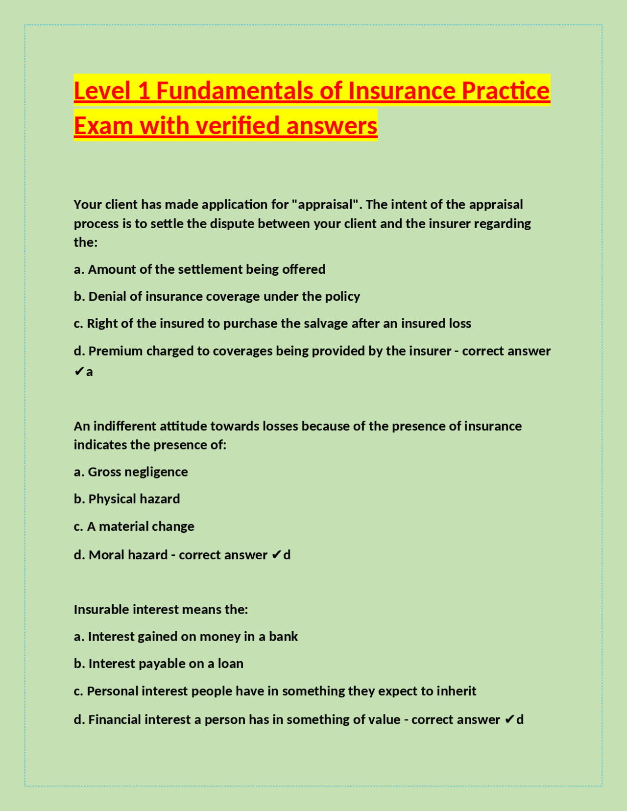 Fundamentals of Insurance Practice Exam with Verified Answers | Exams ...