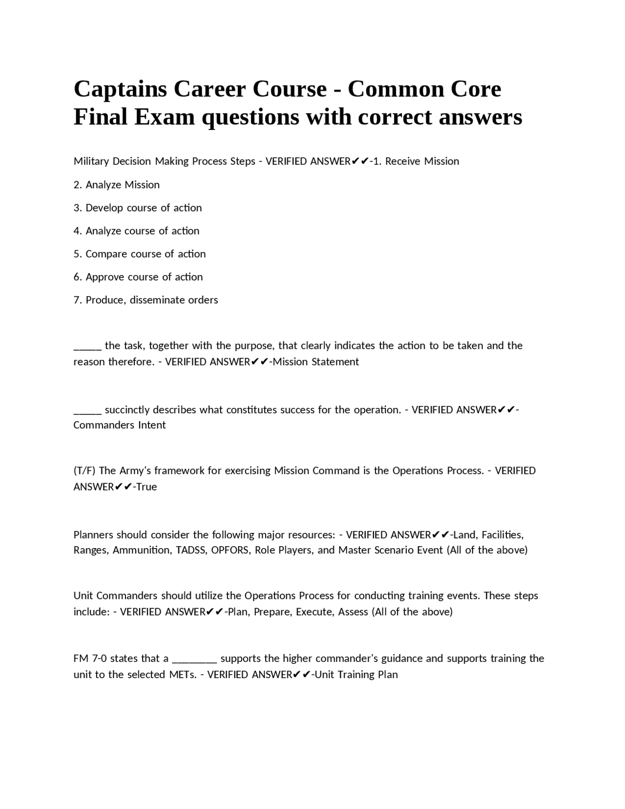 Captains Career Course Common Core Final Exam Questions With Correct Answers Exams Military