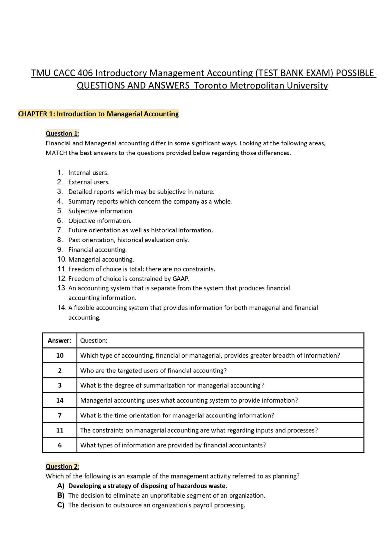 TMU CACC 406 Introductory Management Accounting (TEST BANK EXAM ...