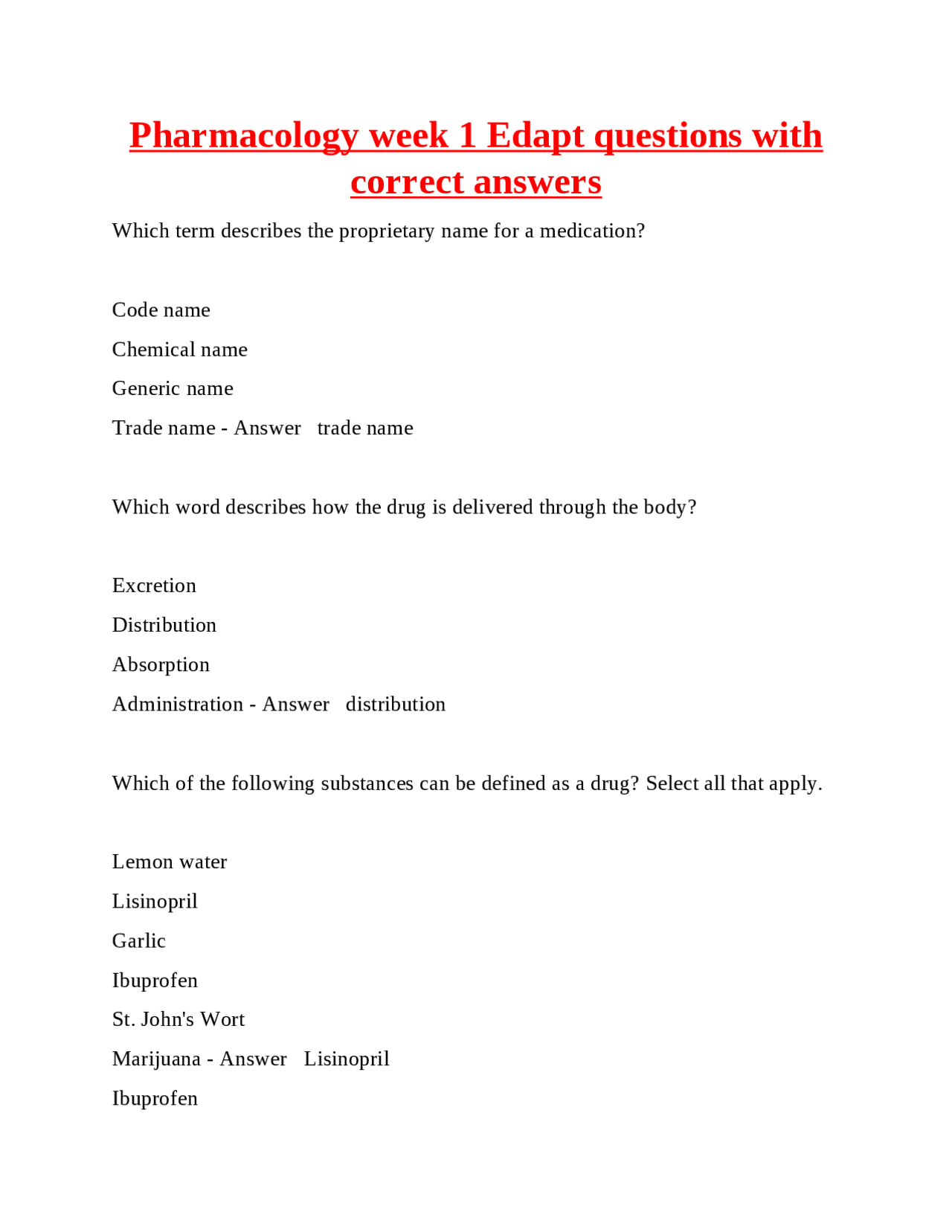 Pharmacology Week 1 Edapt Questions and Answers | Exams Nursing | Docsity