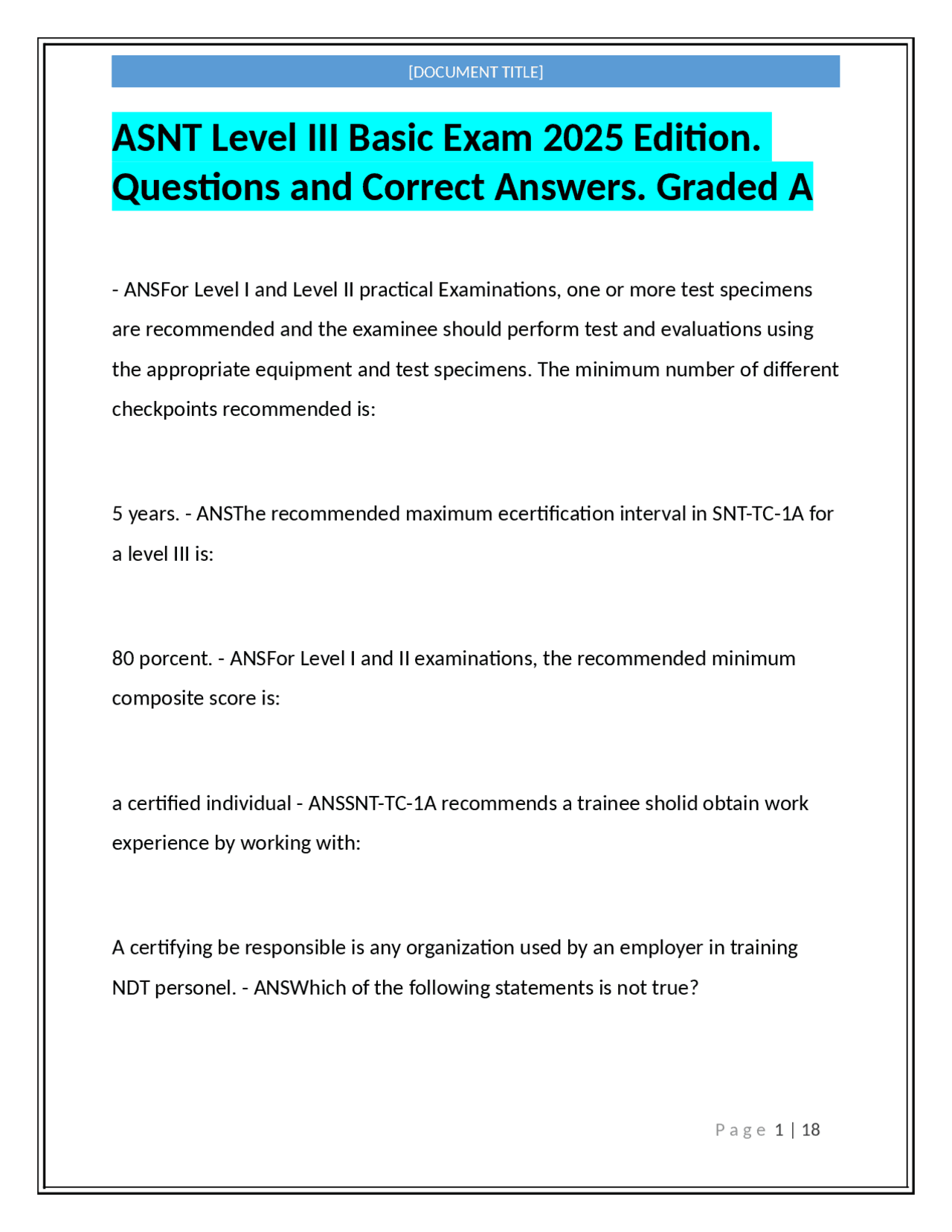 ASNT Level III Basic Exam 2025 Edition. Questions and Correct Answers ...